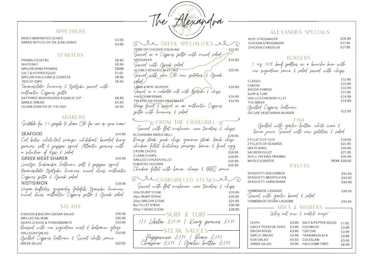 Menu at Alexandra Restaurant, Great Yarmouth
