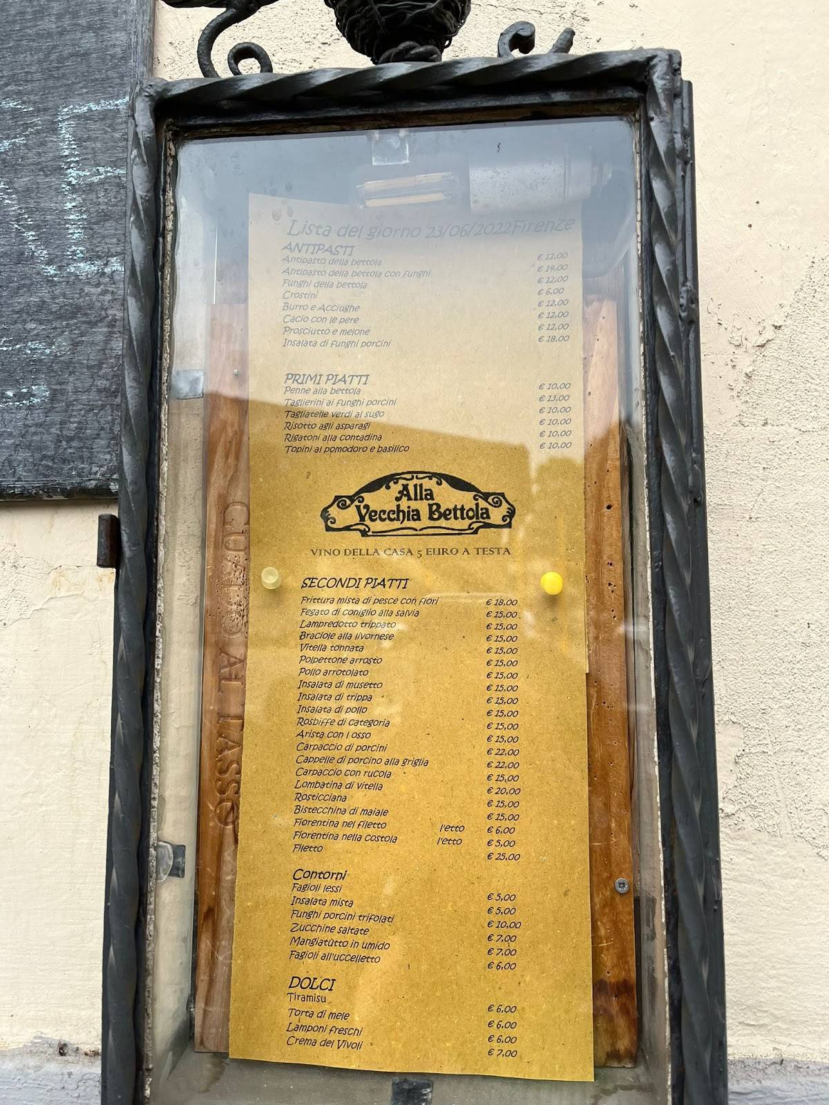 Menu at Alla Vecchia Bettola restaurant, Florence