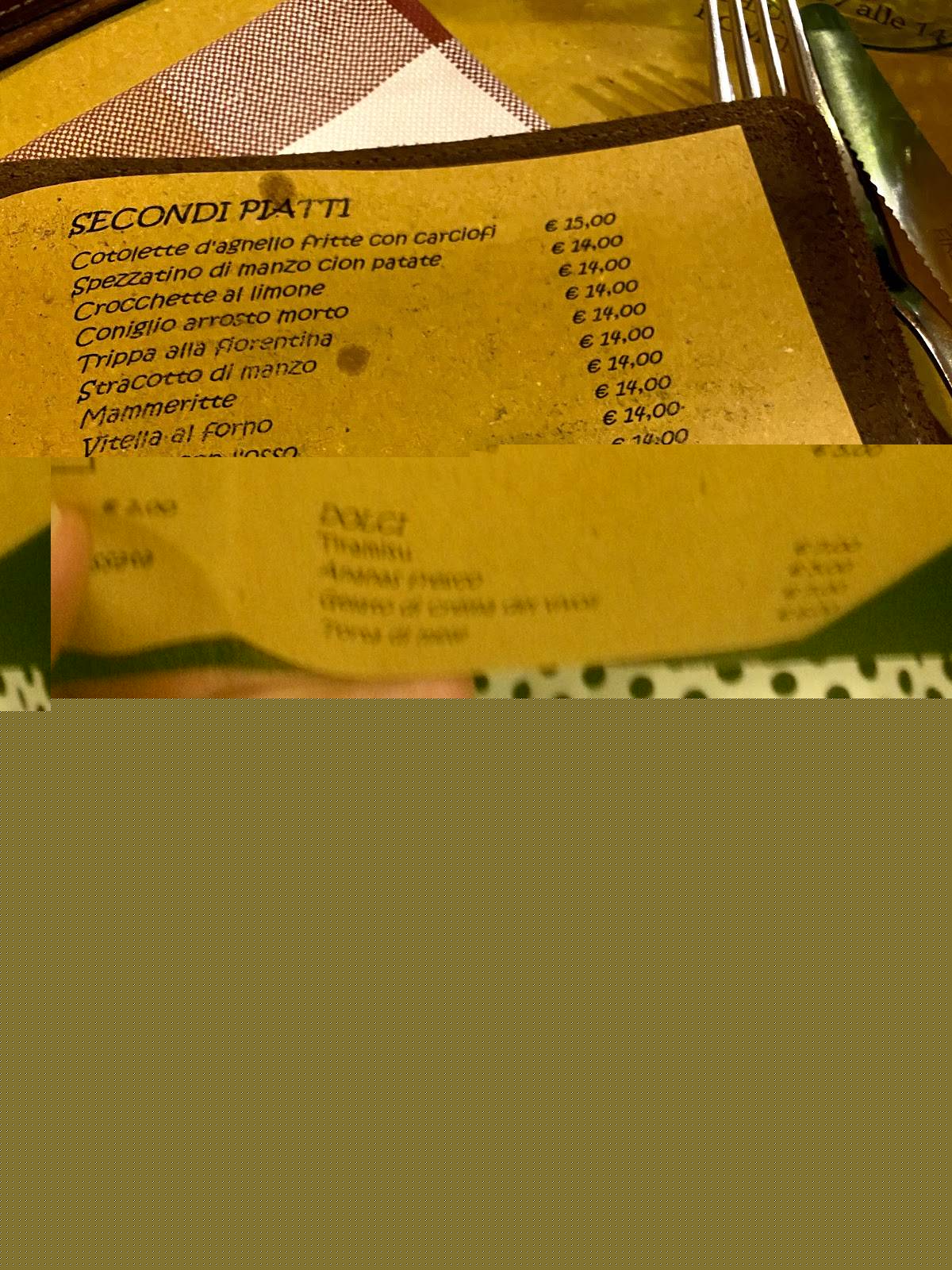Menu at Alla Vecchia Bettola restaurant, Florence