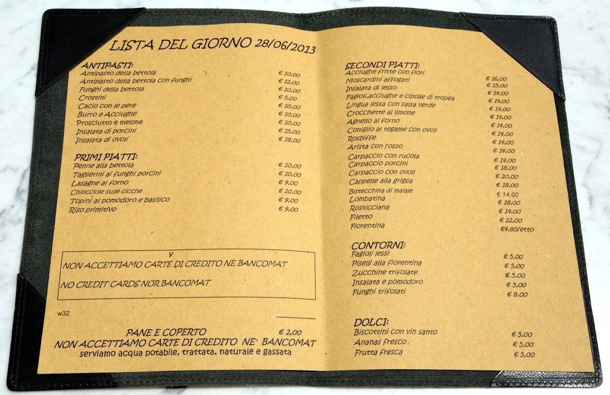 Menu at Alla Vecchia Bettola restaurant, Florence