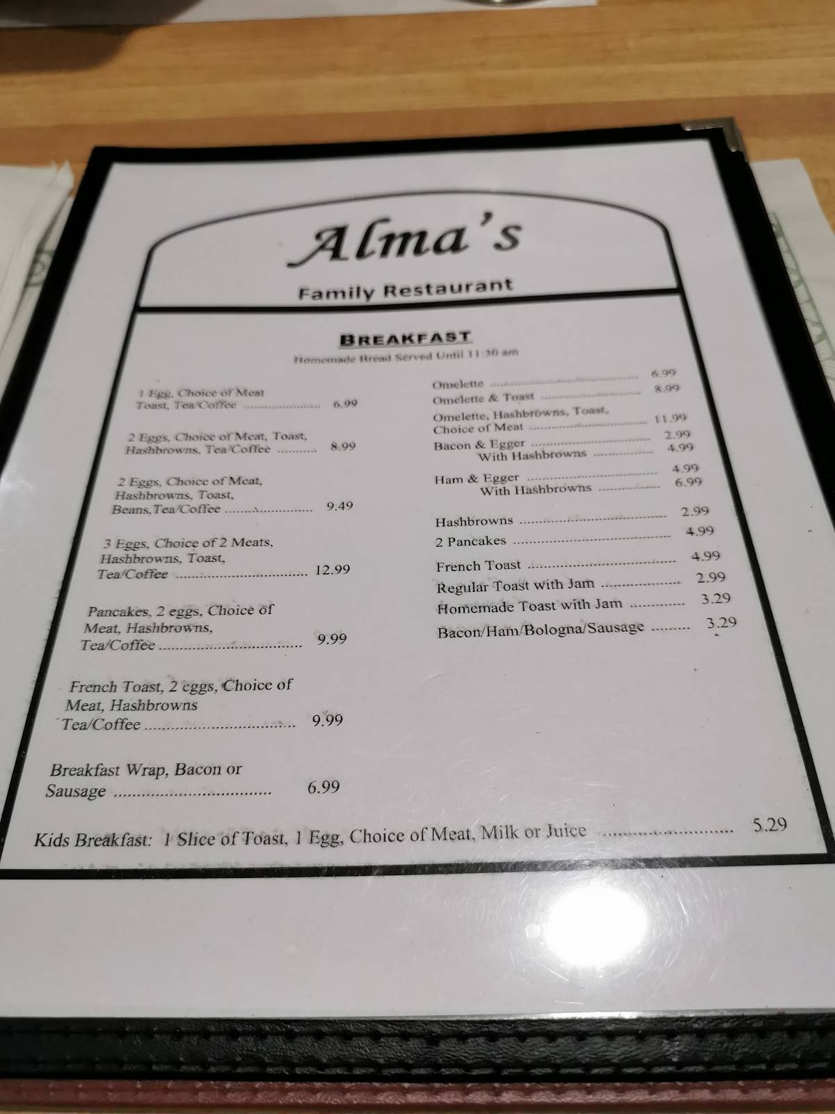 Menu at Alma's Family Restaurant, Channel-Port aux Basques