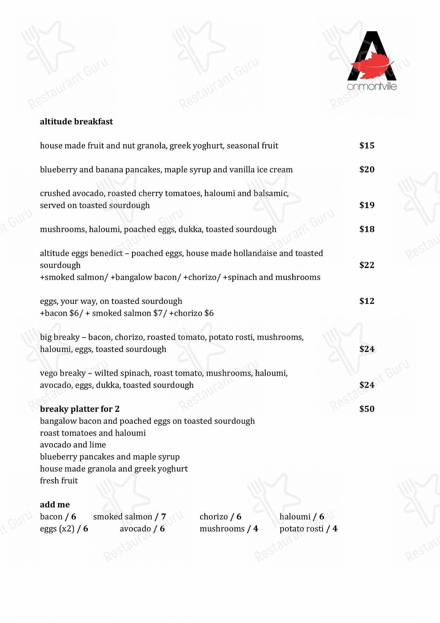 Menu at Altitude On Montville pub & bar, Montville