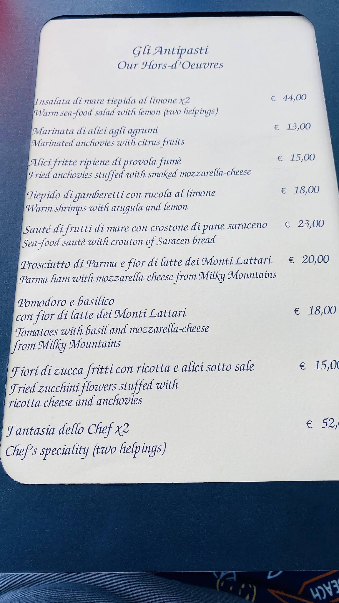 Menu at Ristorante Lido Azzurro, Amalfi, Via Lungomare dei Cavalieri