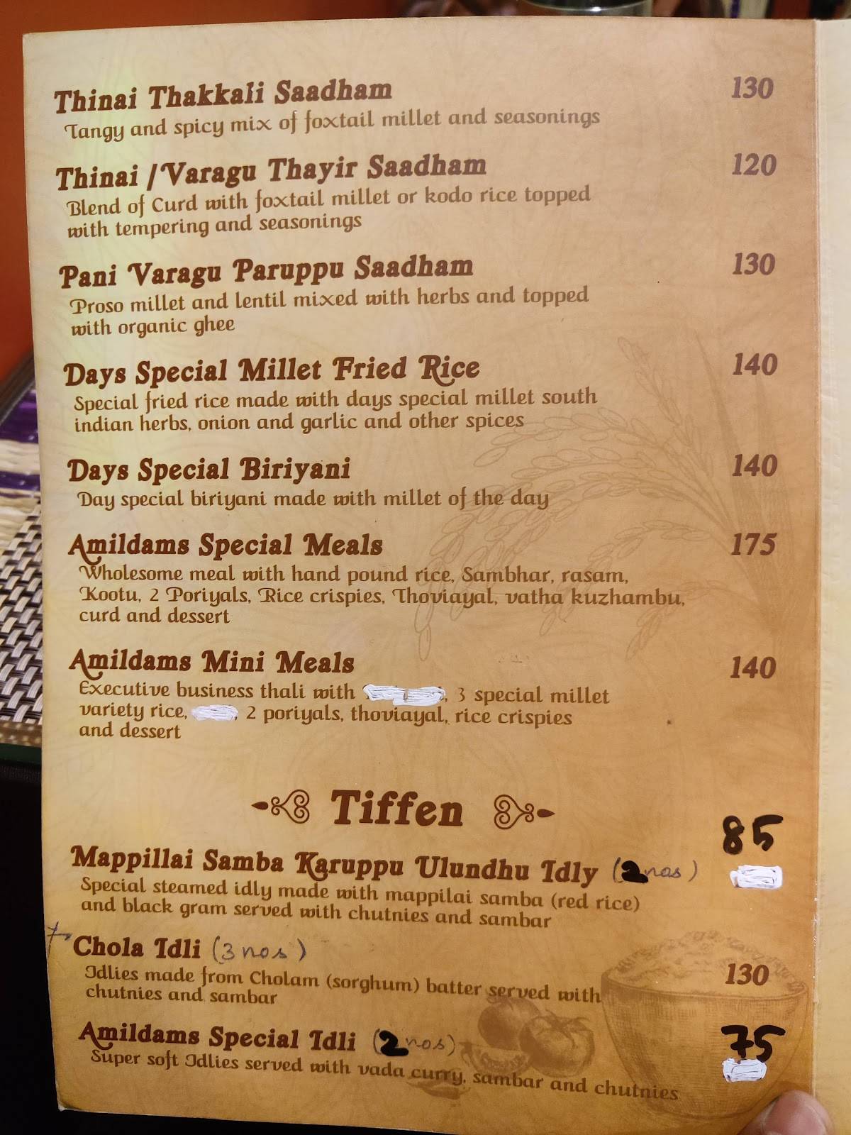 Menu at Amildam's Nature Restaurant(Millet and traditional organic Veg ...