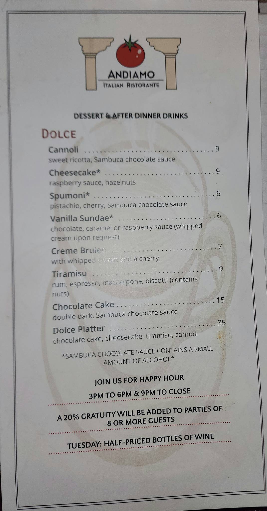 Menu at Andiamo Italian Ristorante pub & bar, Woodbury