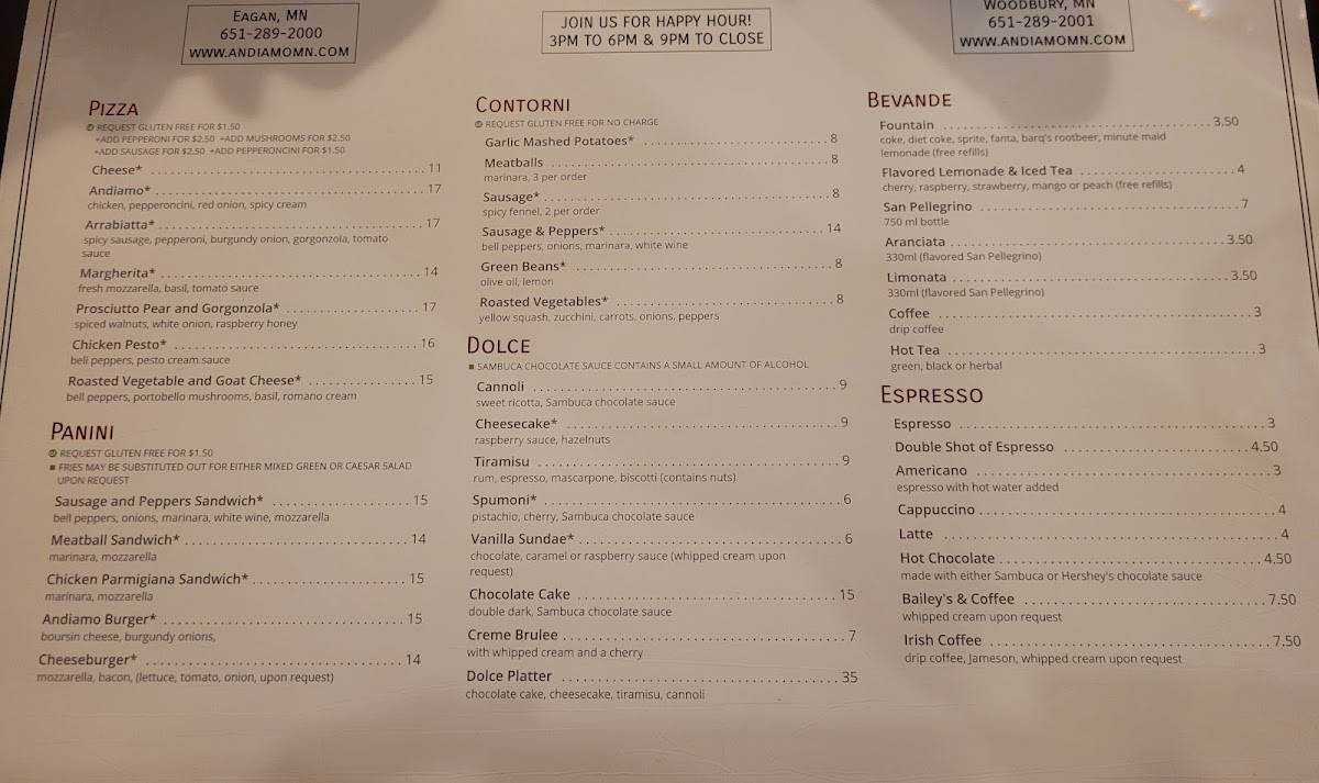 Menu at Andiamo Italian Ristorante pub & bar, Woodbury