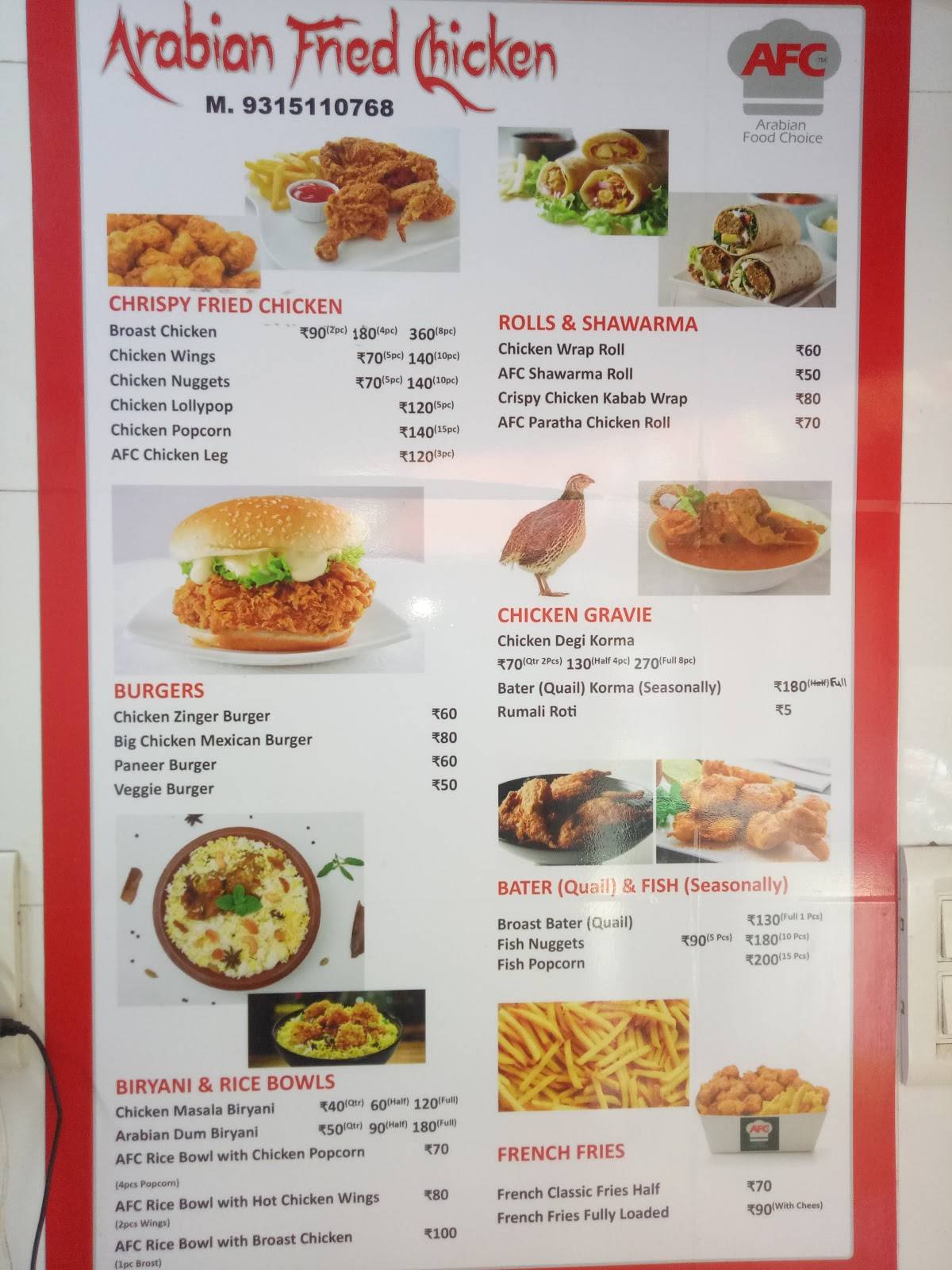 Menu at Arabian Fried Chicken, New Delhi