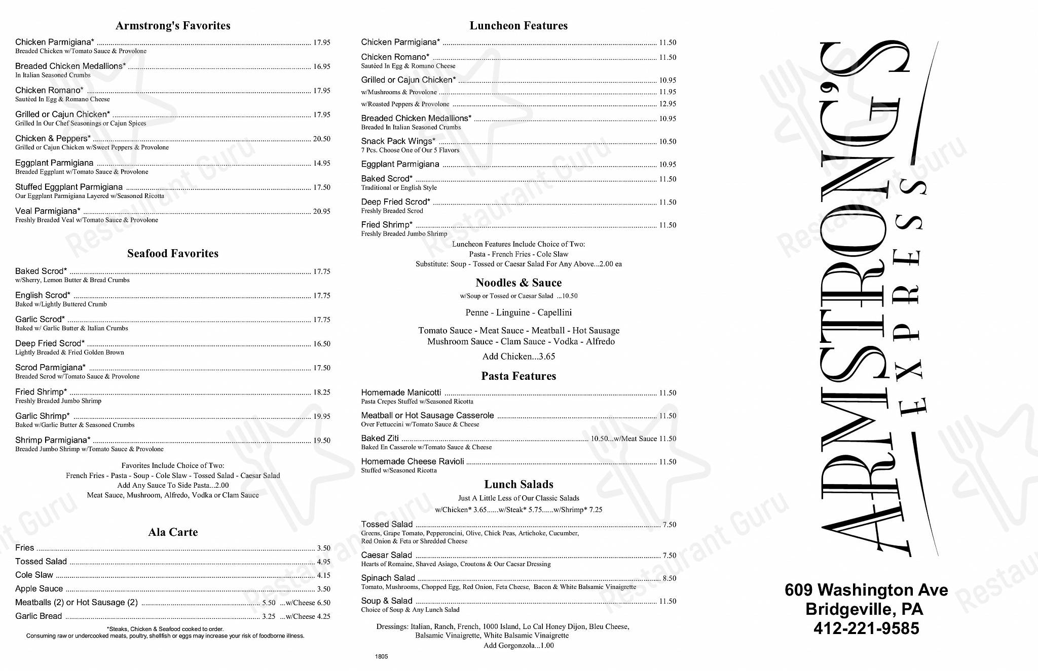 Menu at Armstrong's Express restaurant, Bridgeville