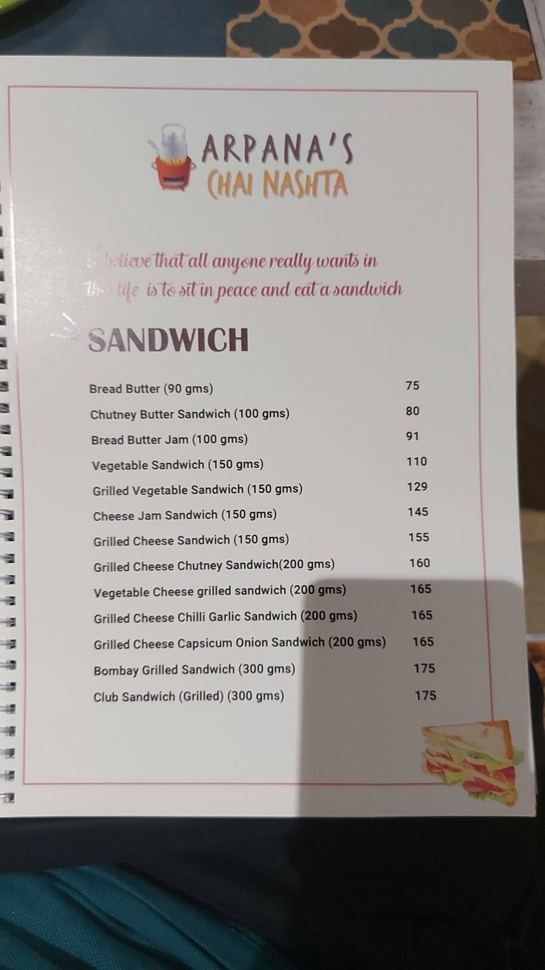 Menu at Arpana's Chai Nashta, Ahmedabad, Vedgarbha house E