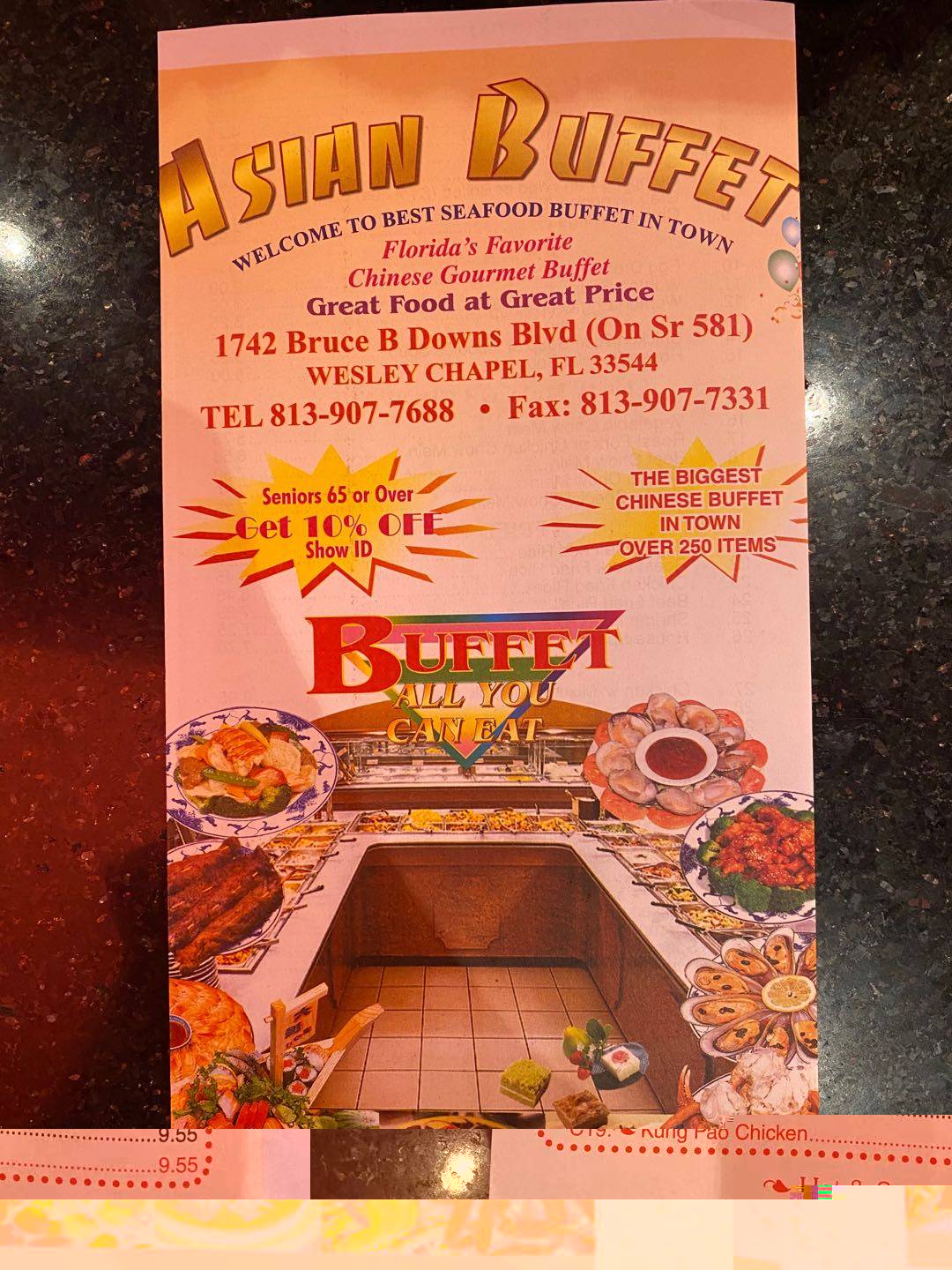 Menu at Asian Buffet restaurant, Wesley Chapel