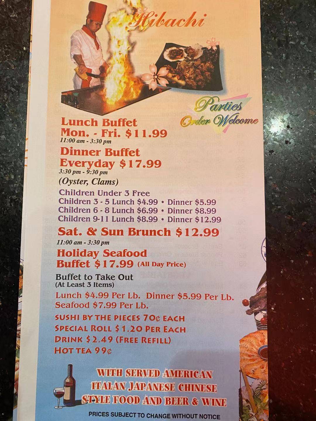 Menu at Asian Buffet restaurant, Wesley Chapel