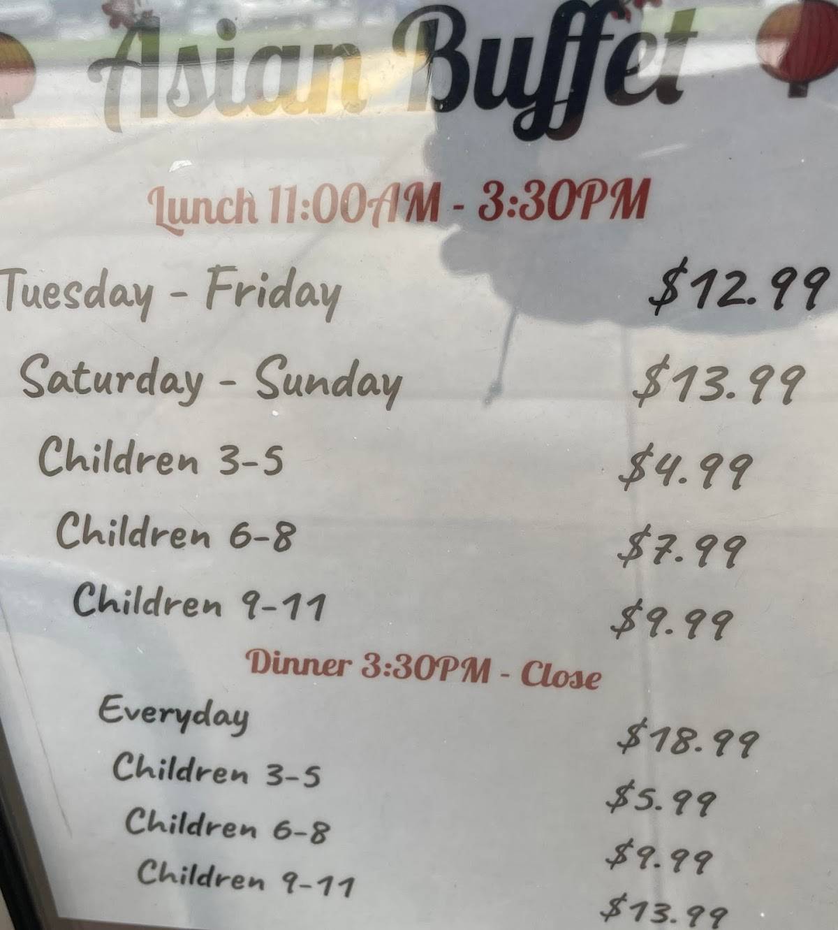 Menu at Asian Buffet restaurant, Wesley Chapel