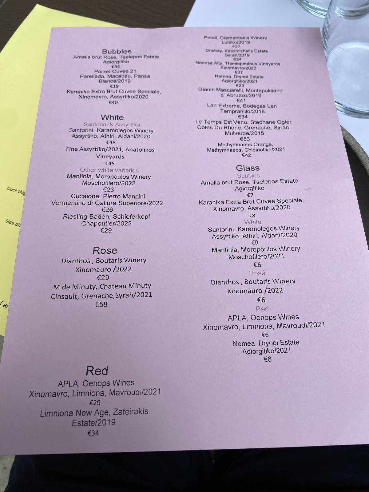 Menu at Nolan, Athens