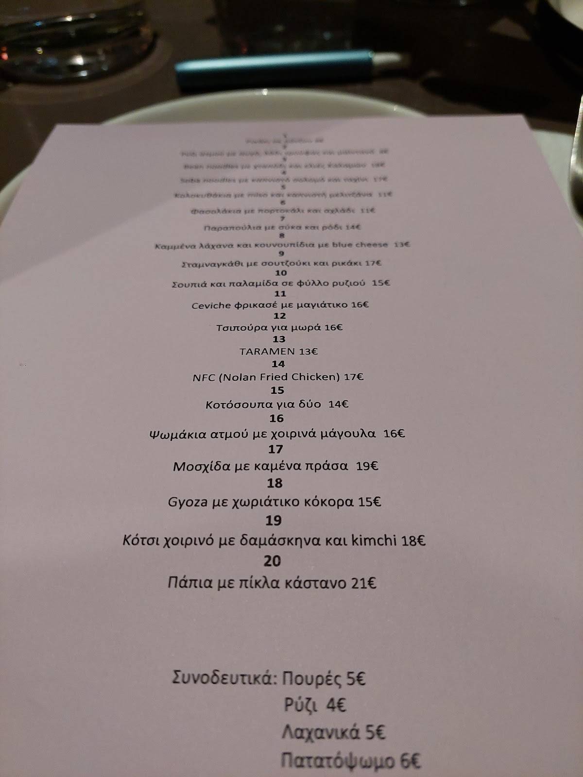 Menu at Nolan, Athens