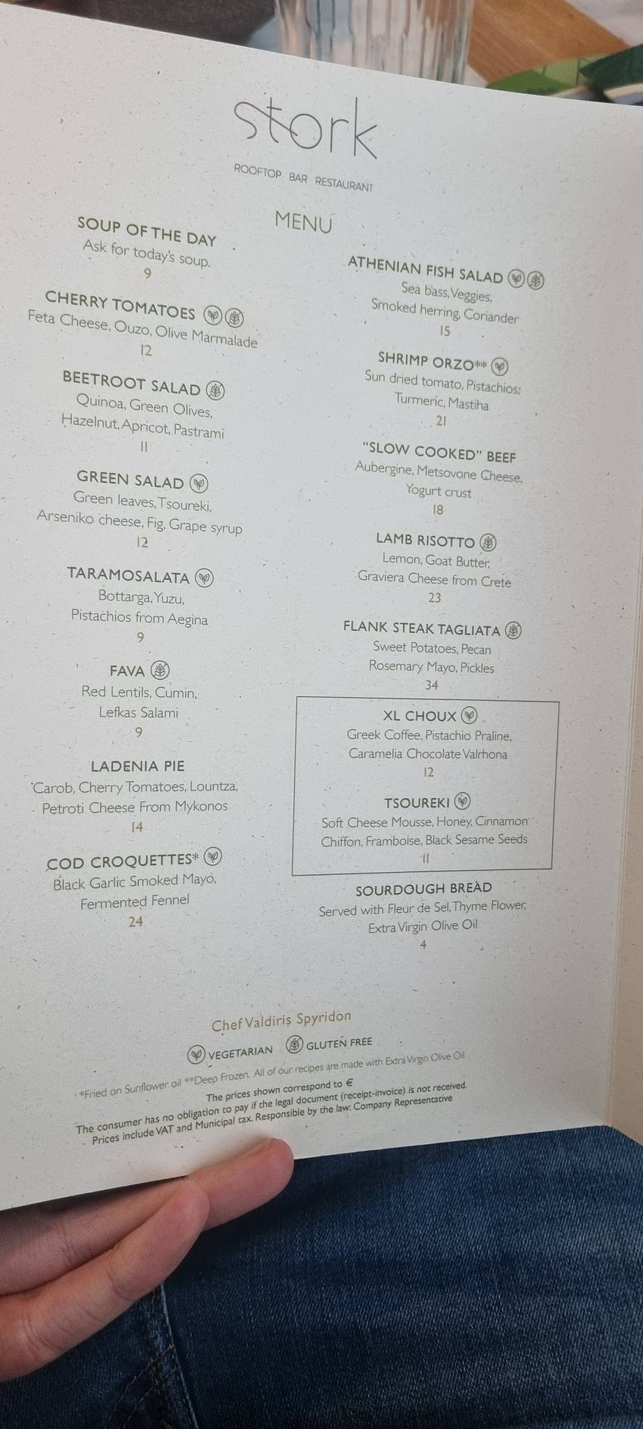 Menu at stork rooftop bar restaurant, Athens