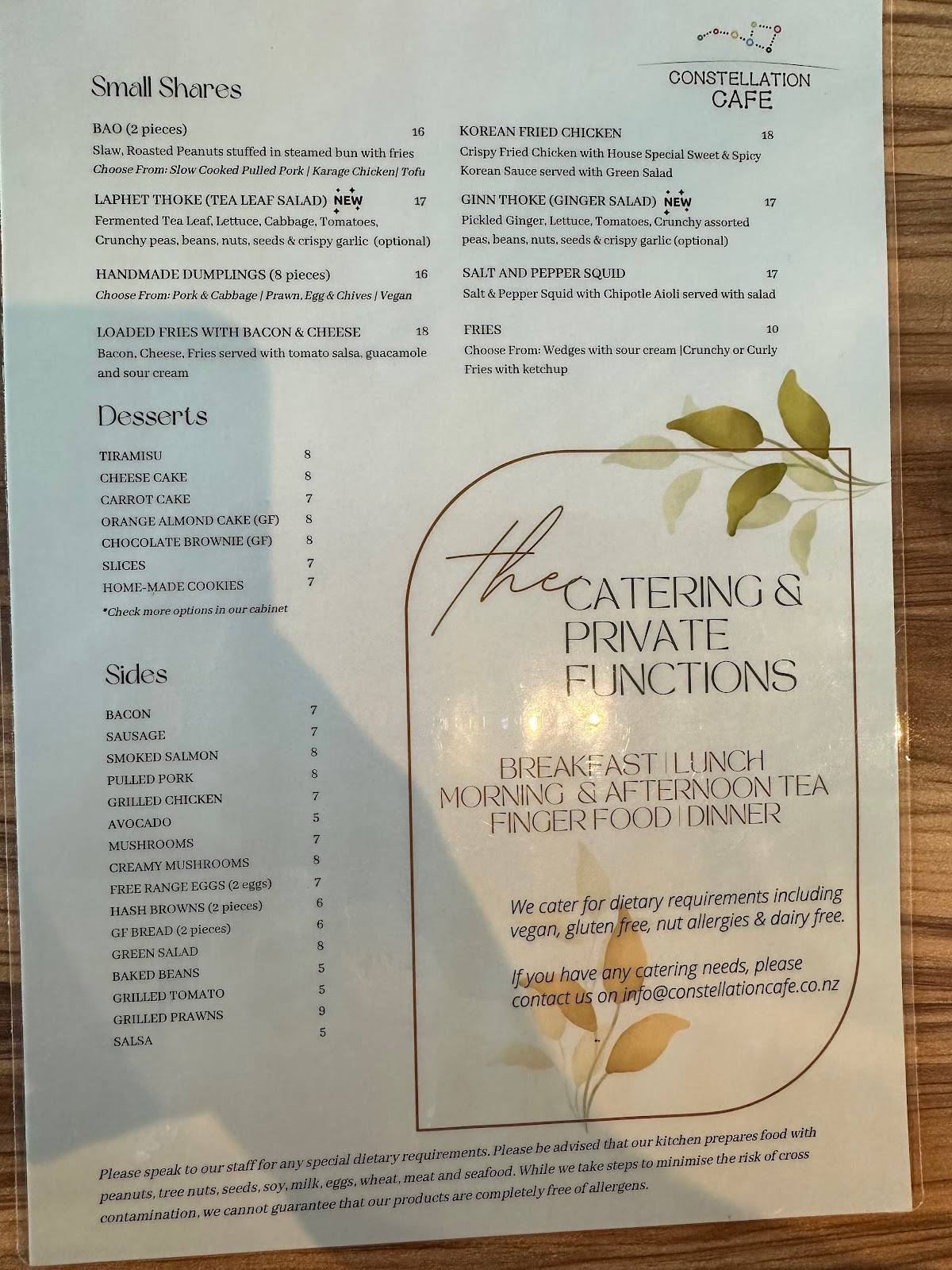 Menu at Constellation Cafe, Auckland