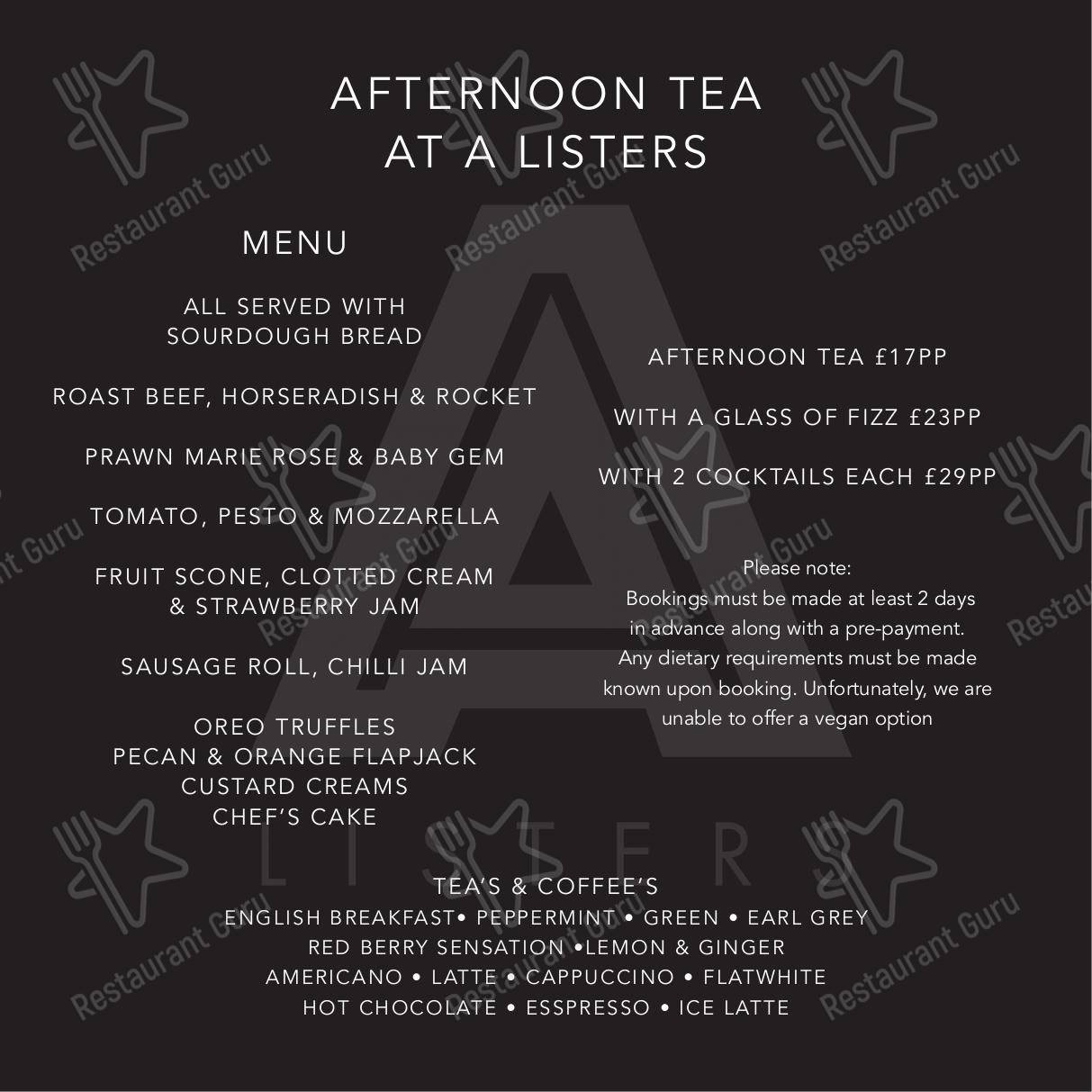 Menu at A Listers At Aurora pub & bar, Ipswich