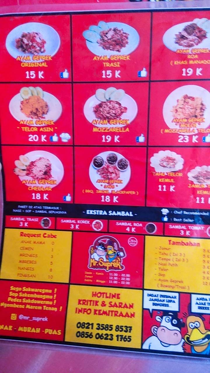 Carta del restaurante Ayam Geprek Mr Suprek Ubaya, Surabaya