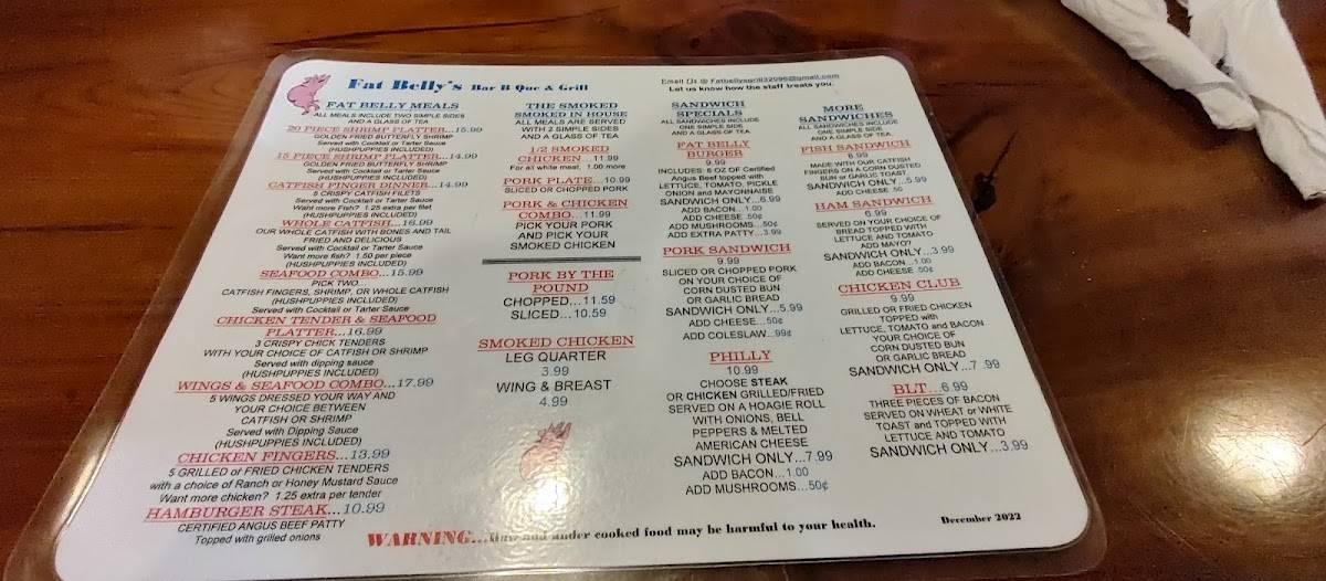 Menu at Fat Belly's BBQ, White Springs