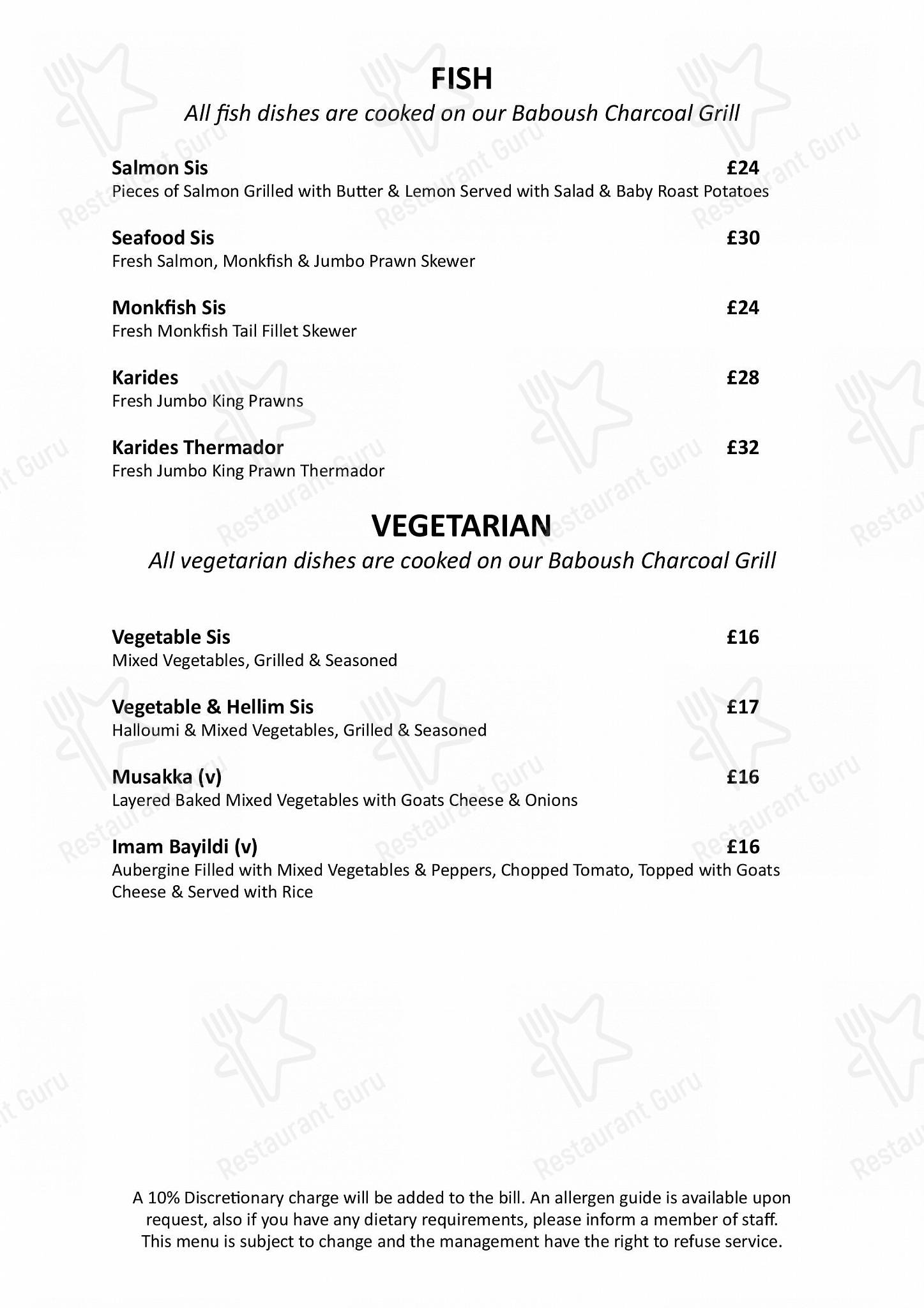 Menu at Baboush Leigh restaurant, Southend-on-Sea