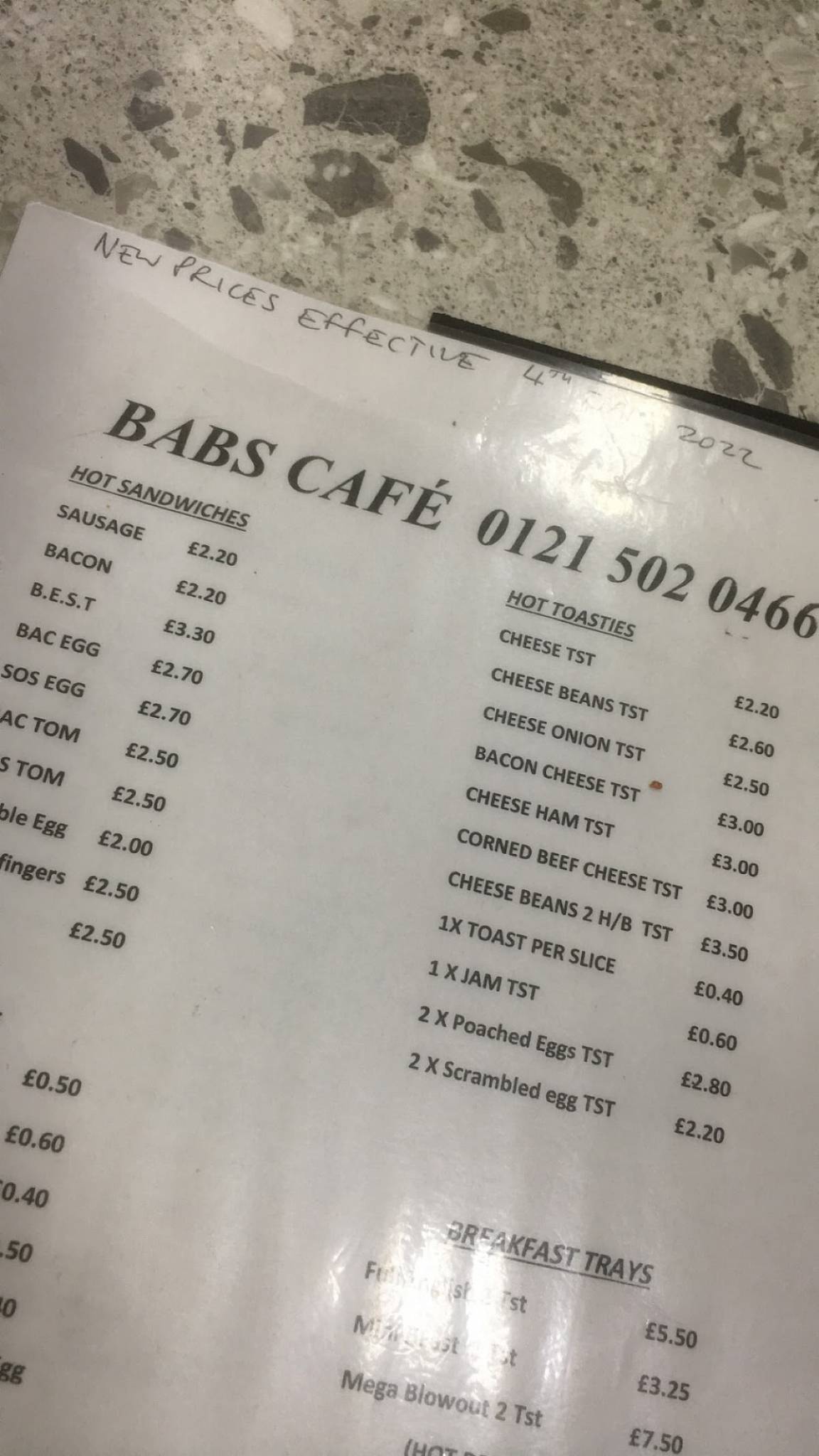 Menu at Babs Cafe, Wednesbury