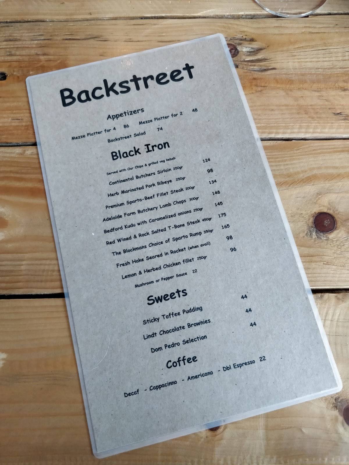 Menu at Backstreet Grill steakhouse, Port Elizabeth