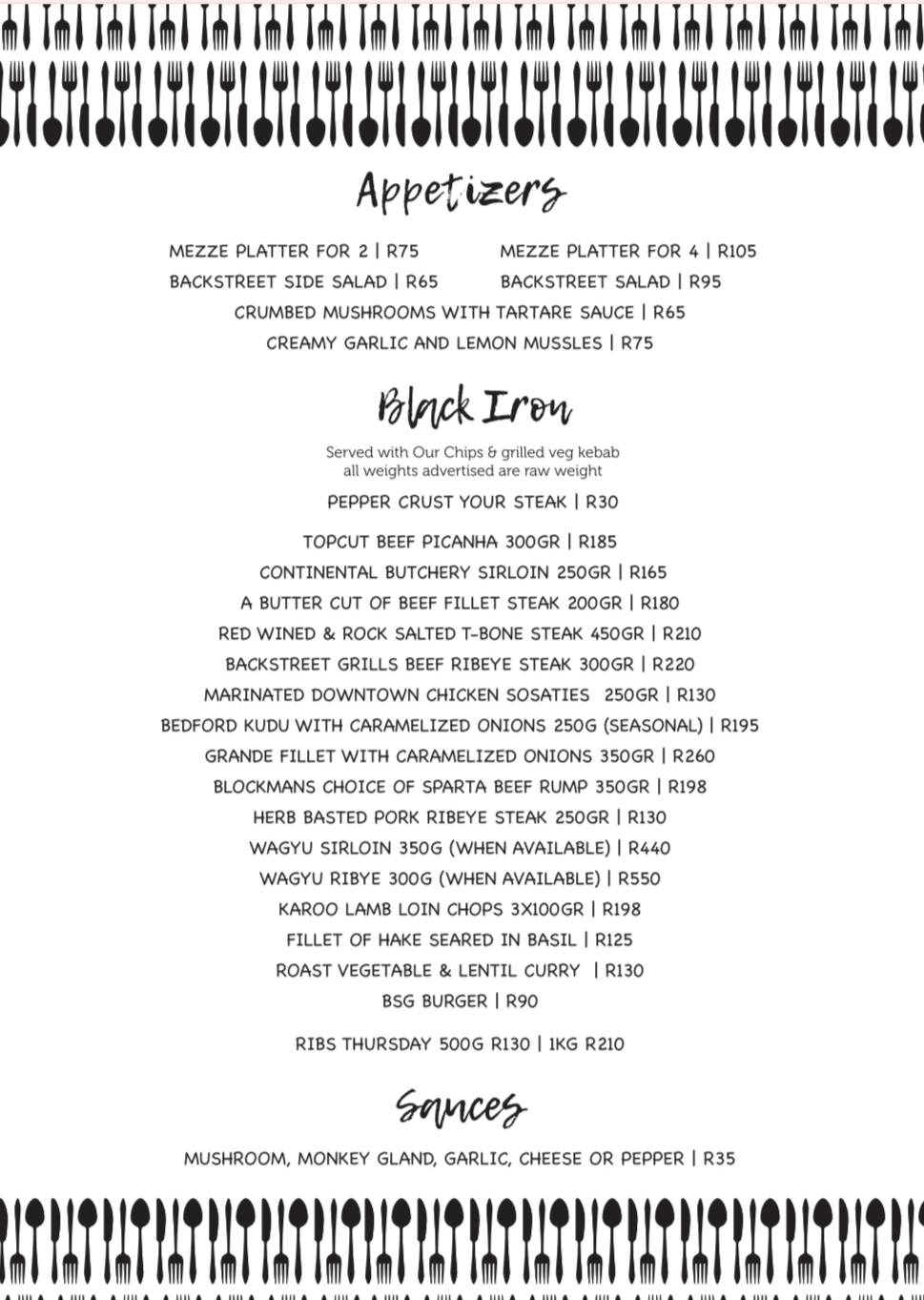 Menu at Backstreet Grill steakhouse, Port Elizabeth
