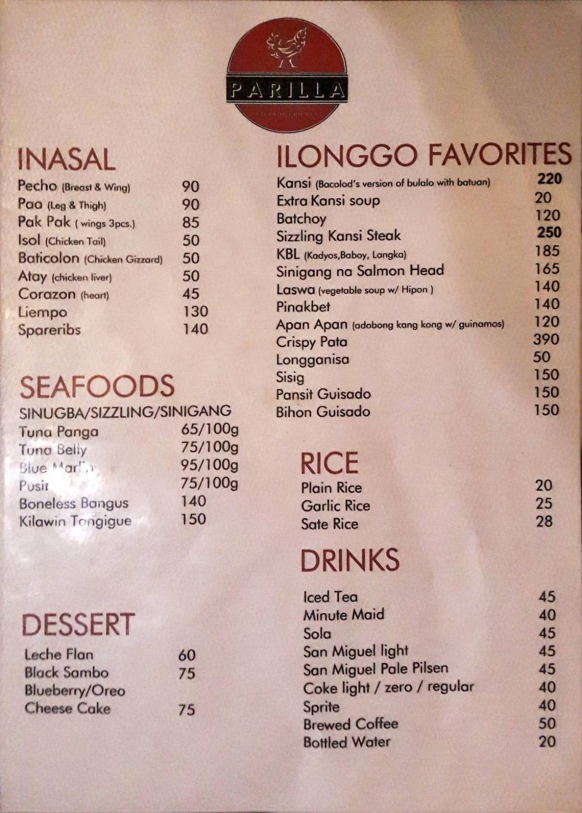 Menu at Bacolod Chicken Parilla restaurant, Quezon City, 93 Sct. Reyes St