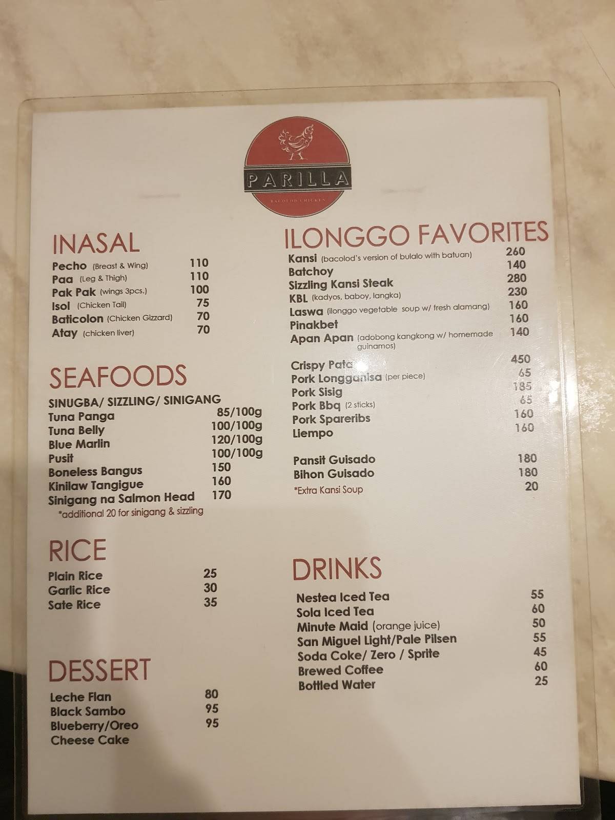 Menu at Bacolod Chicken Parilla restaurant, Quezon City, 93 Sct. Reyes St