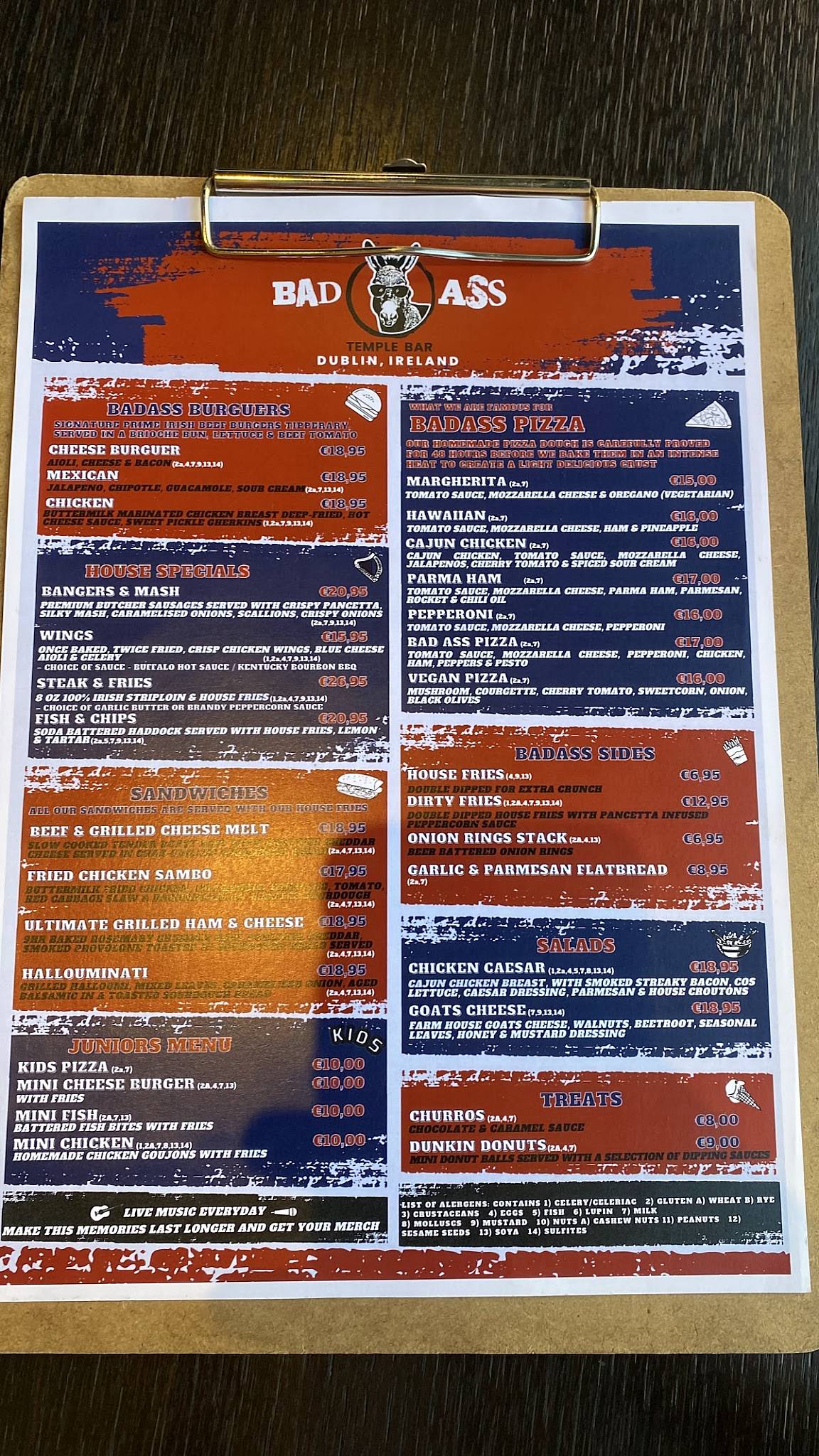 Menu at Bad Ass Cafe, Dublin