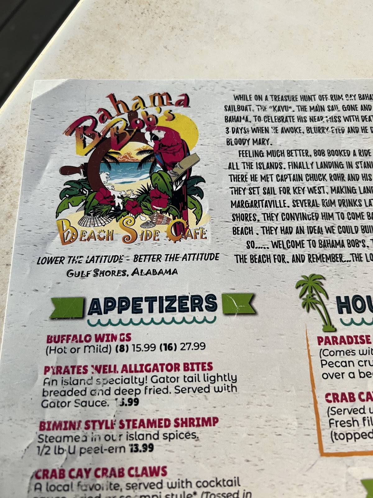Menu at Bahama Bob's Beach Side Cafe, Gulf Shores