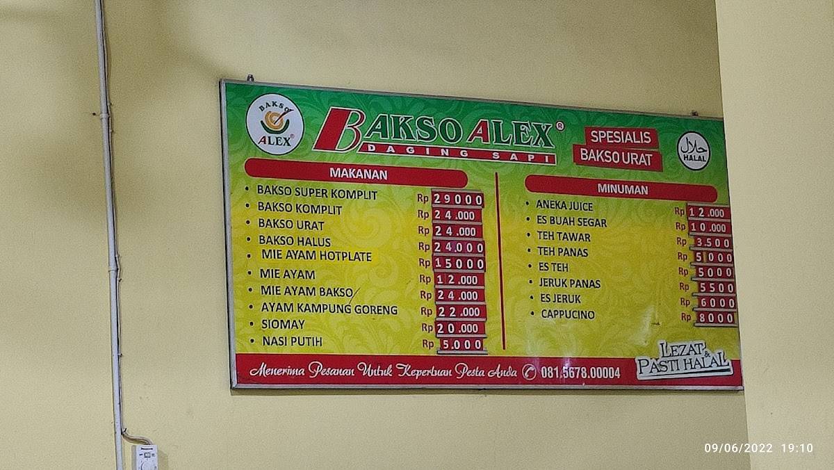 Menu at Bakso Alex restaurant, Semarang