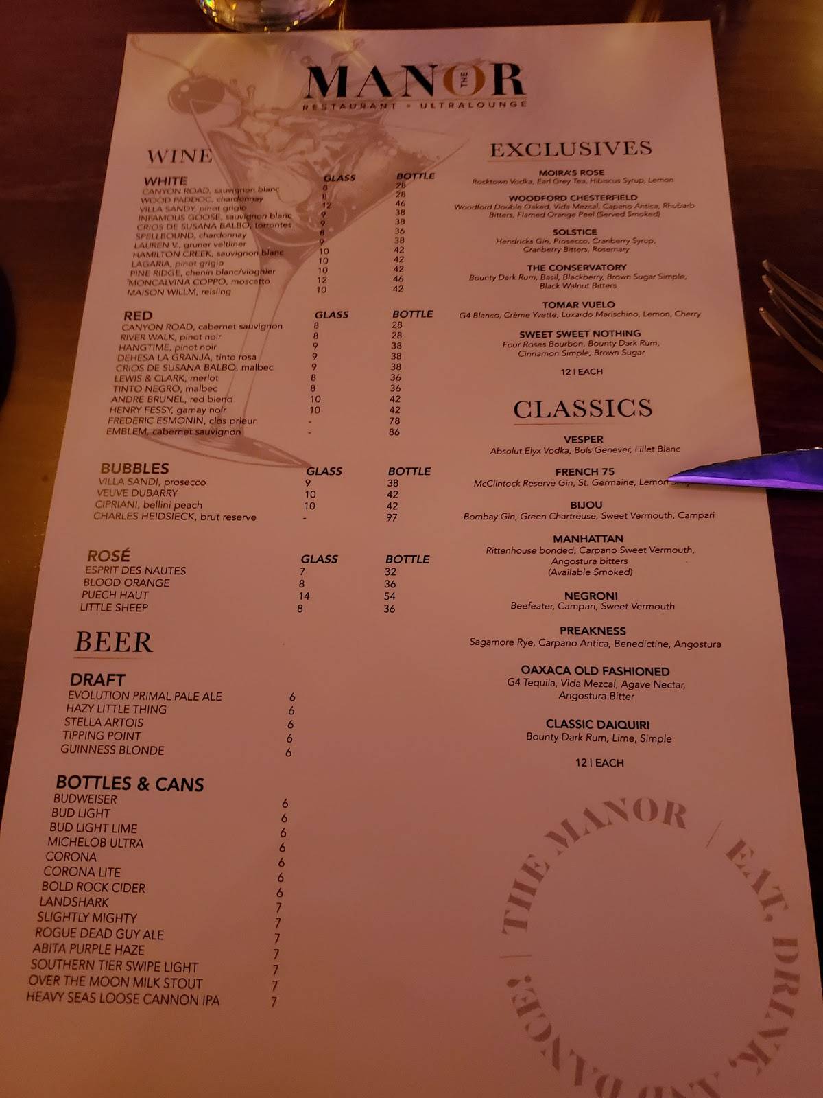Menu at The Manor restaurant, Baltimore