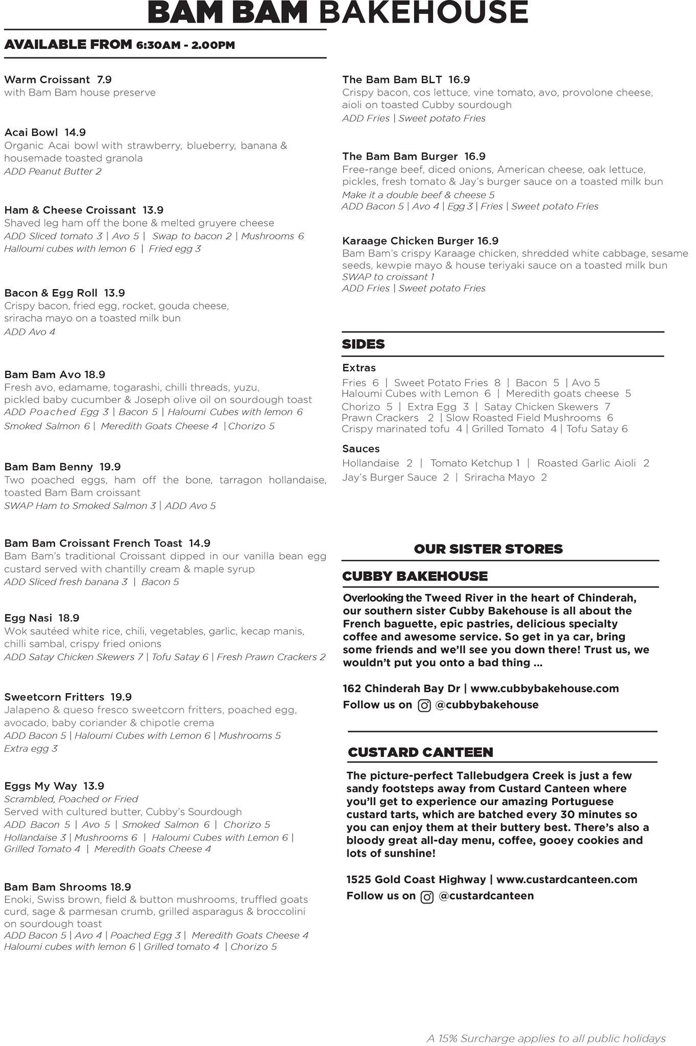 Menu at Bam Bam Bakehouse cafe, Mermaid Beach