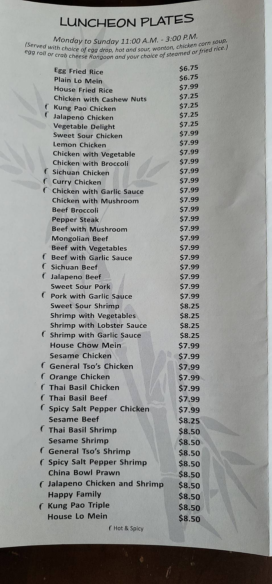 Menu at China Bowl restaurant, Bandera
