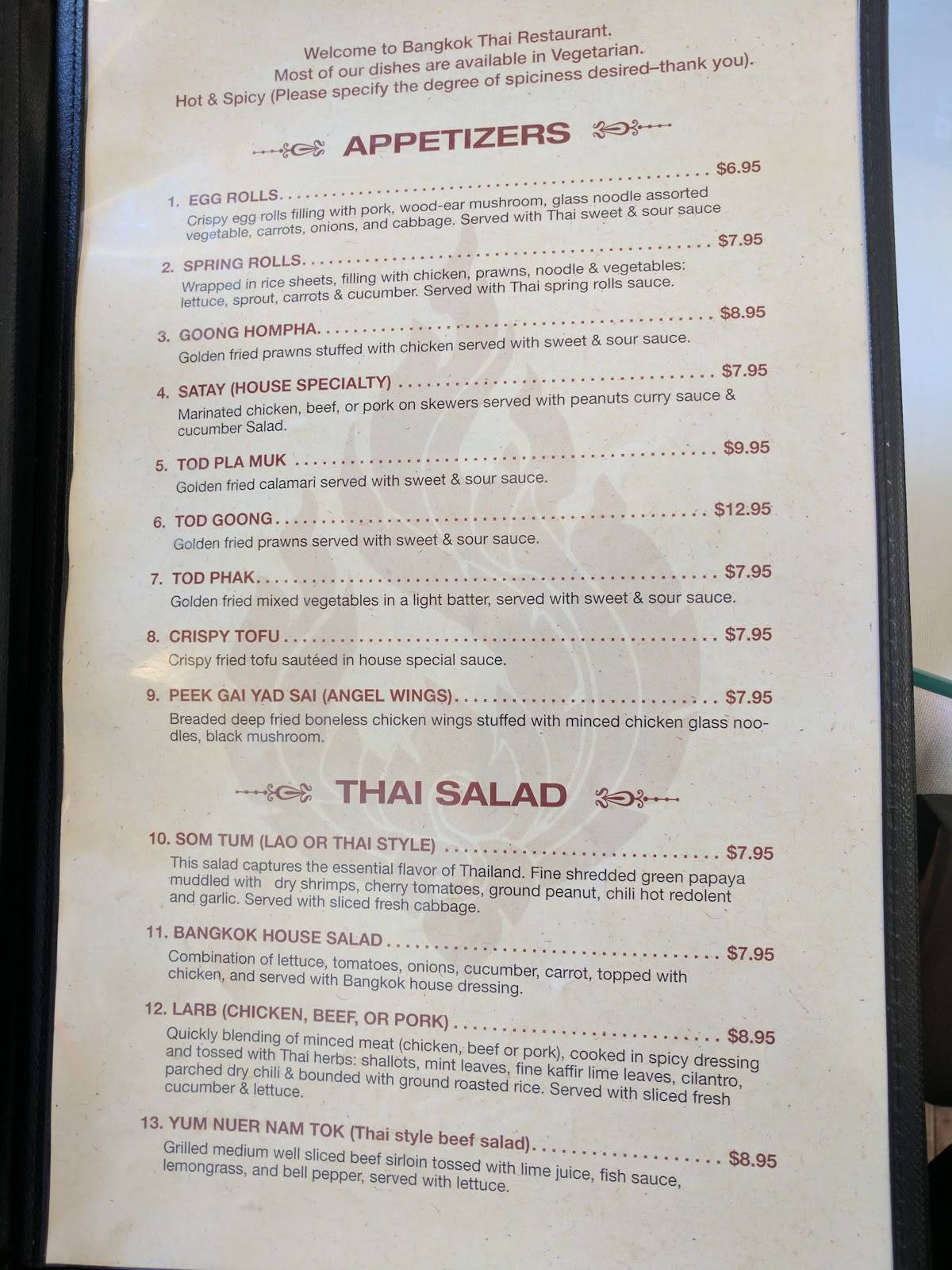 Menu at Bangkok Thai Restaurant, Merced