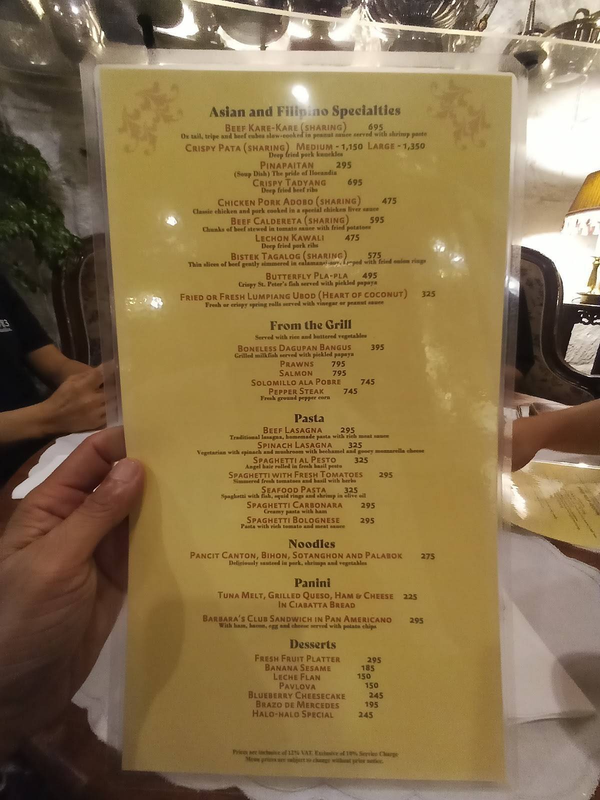 Menu at Barbara's Heritage Restaurant, Manila, Plaza San Luis Complex