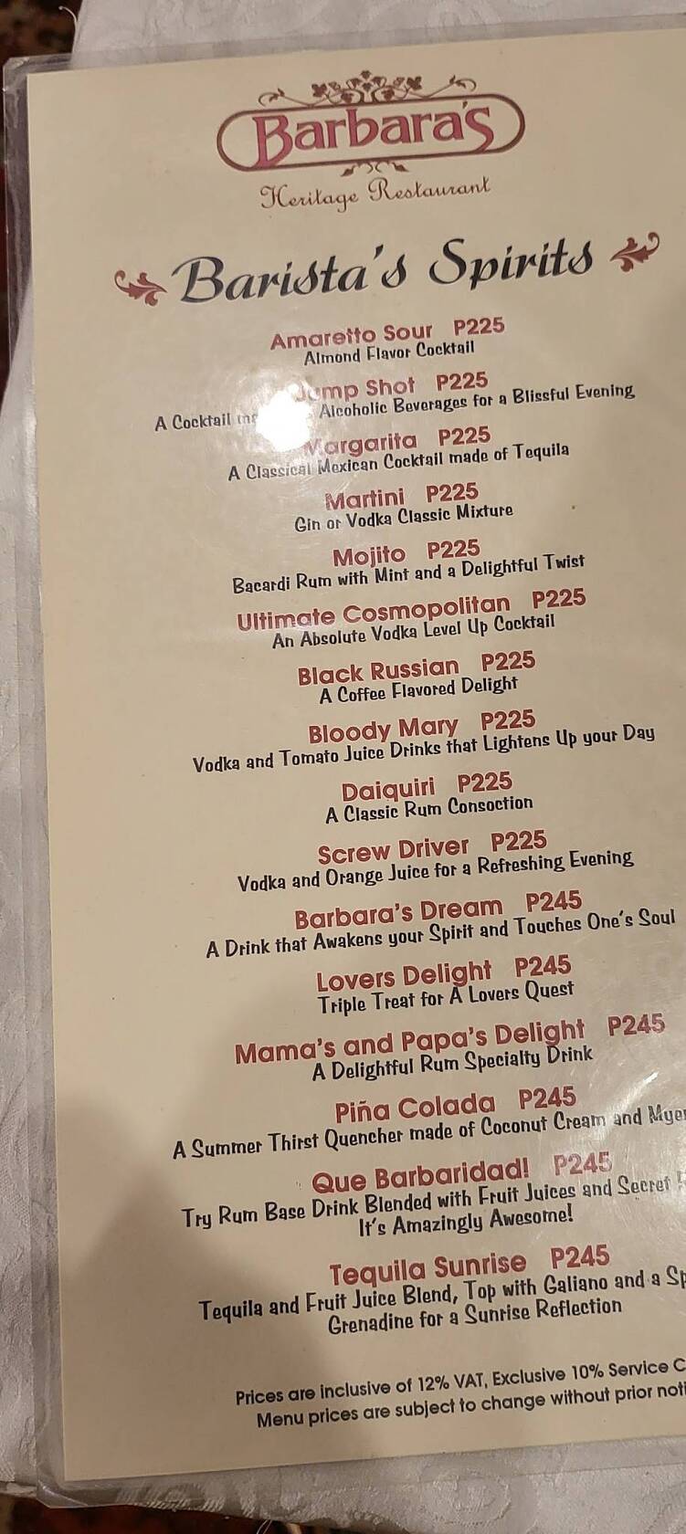 Menu at Barbara's Heritage Restaurant, Manila, Plaza San Luis Complex