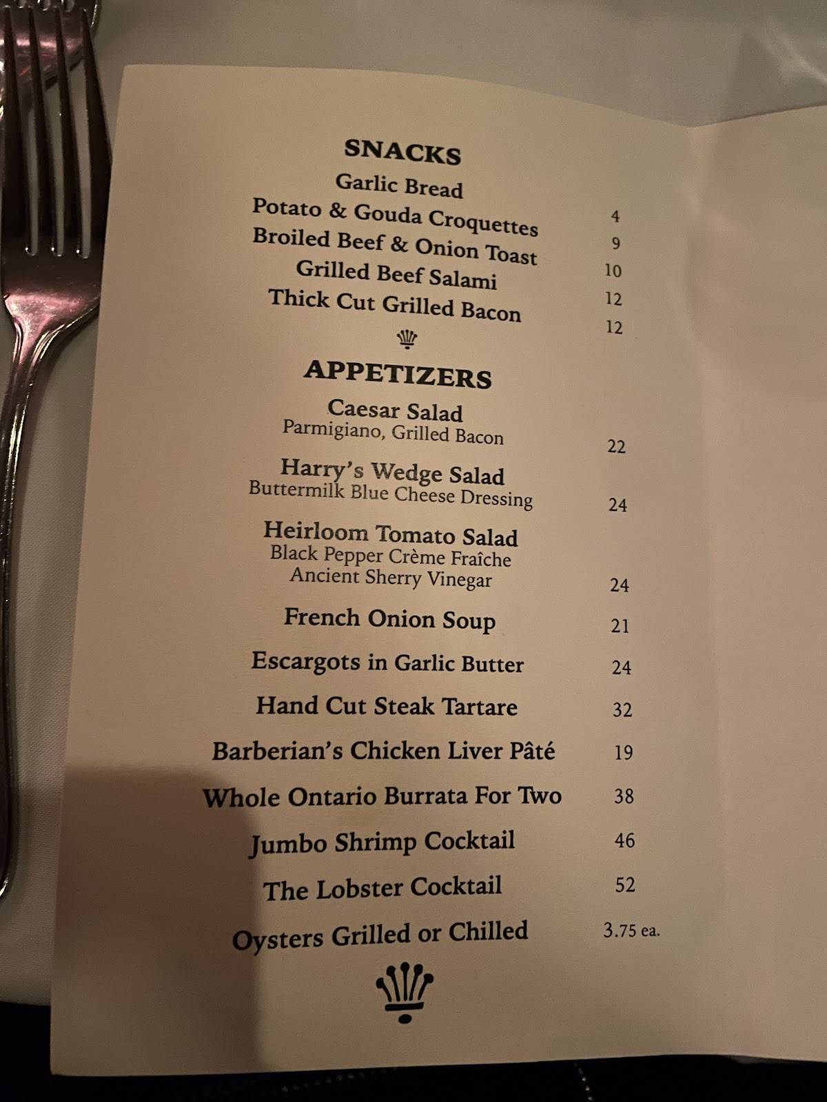 Menu at Barberian's Steak House, Toronto, 7 Elm St