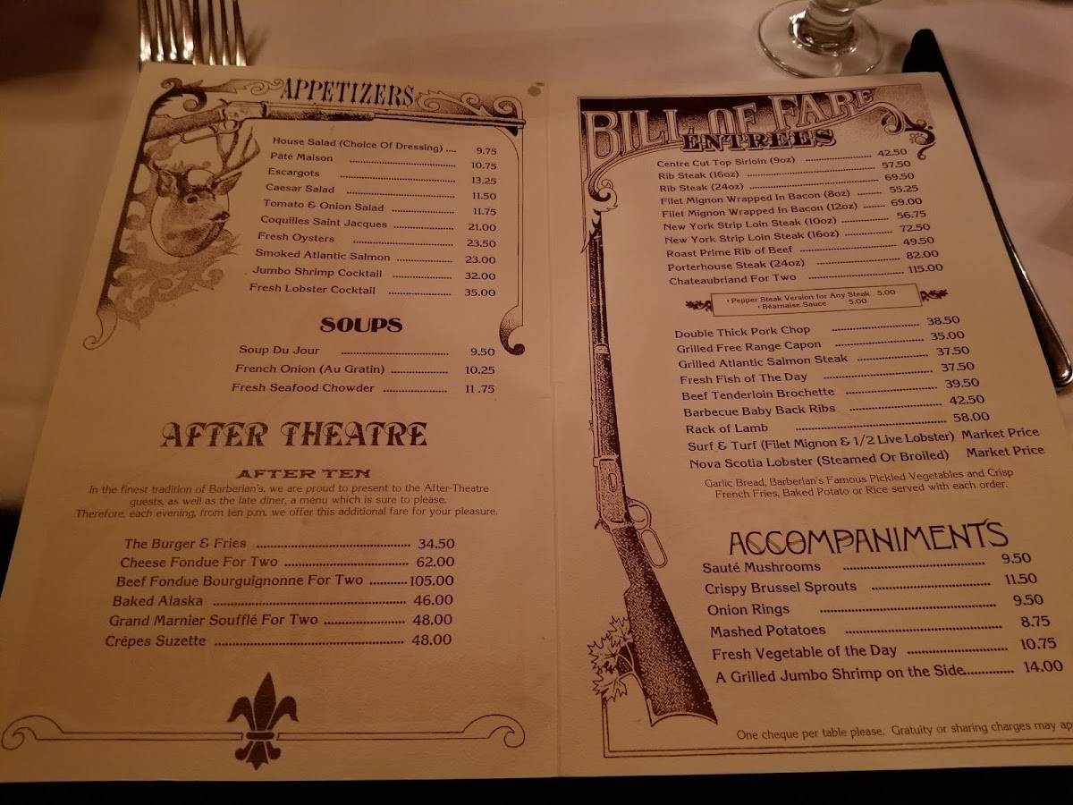 Menu at Barberian's Steak House, Toronto, 7 Elm St