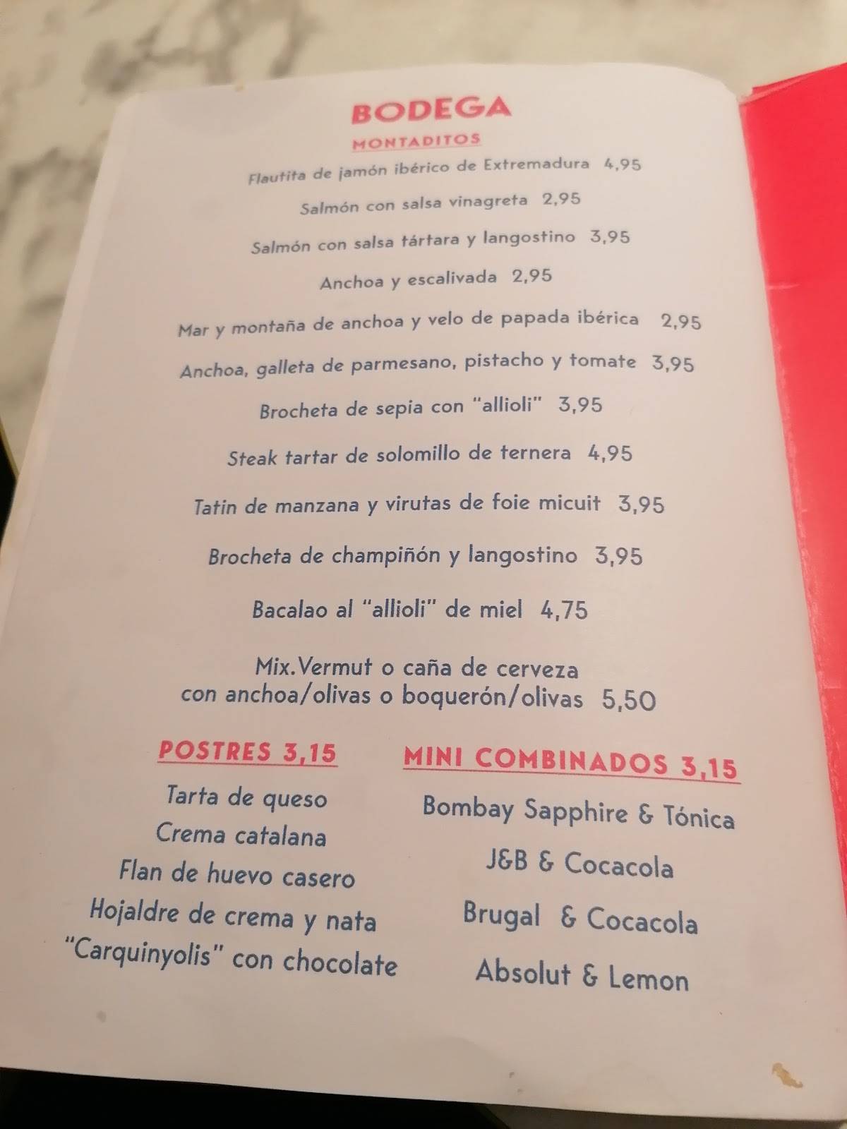 Menu at Ciutat Comtal pub & bar, Barcelona, Rambla de Catalunya