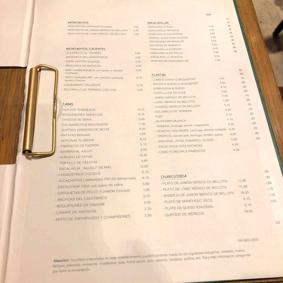Menu at Ciutat Comtal pub & bar, Barcelona, Rambla de Catalunya