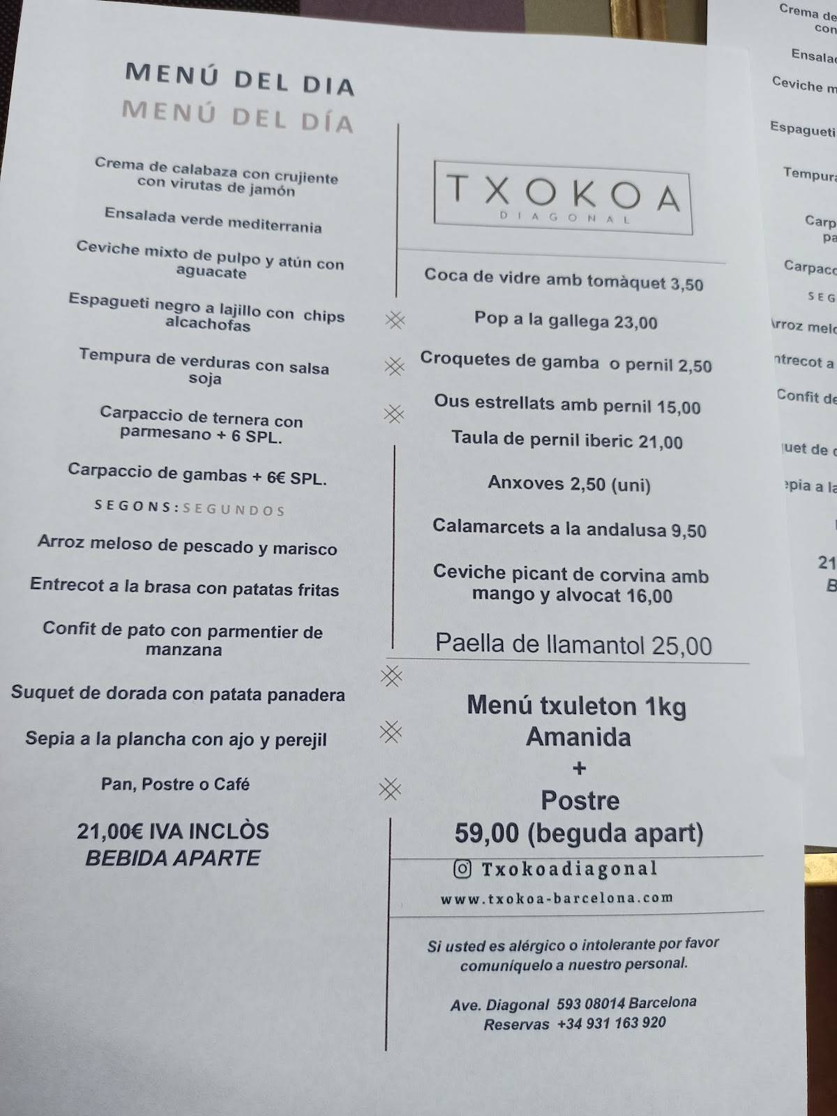 Carta del pub y bar Txokoa Diagonal, Barcelona
