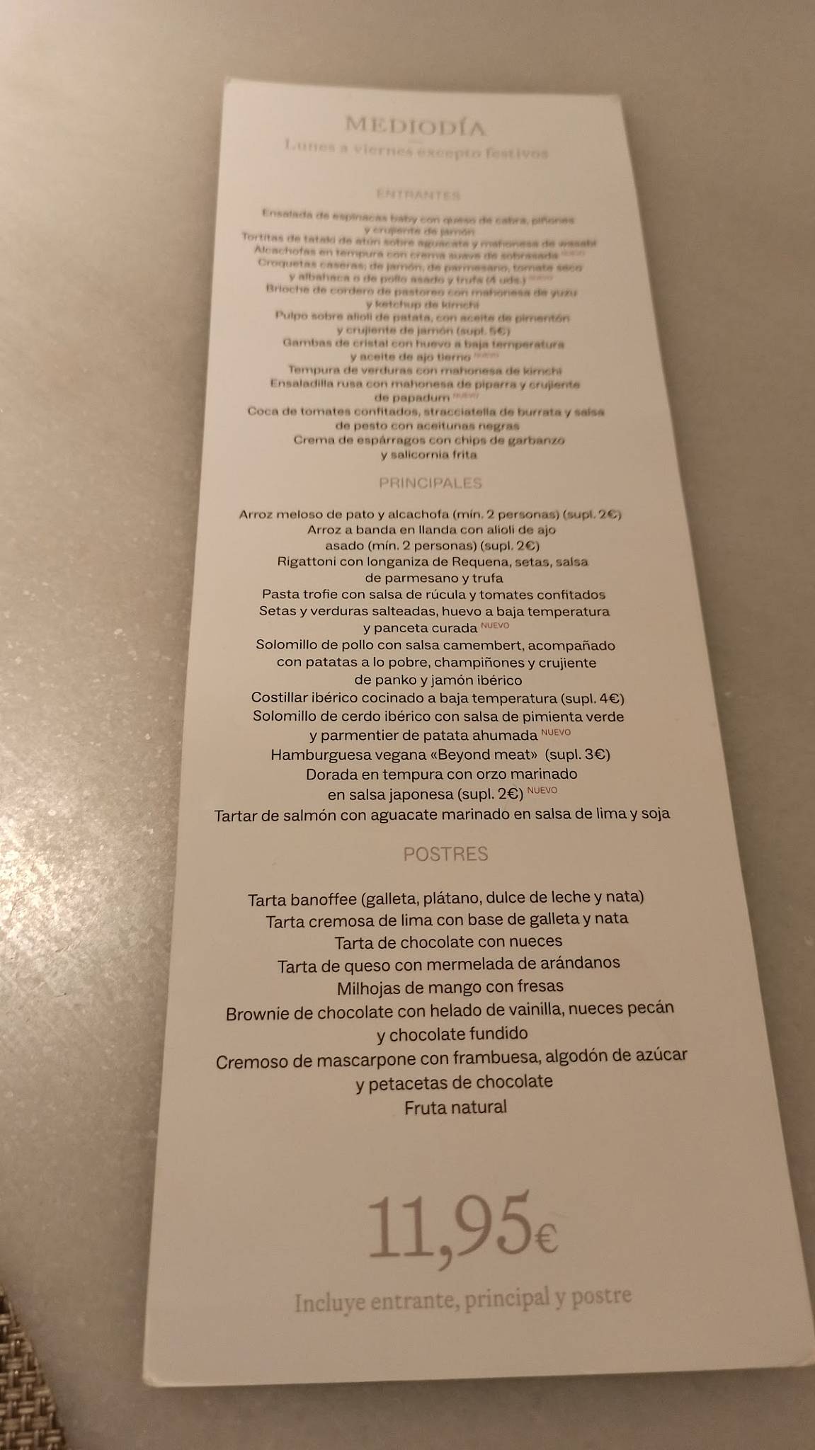 Carta del restaurante Saona Aribau, Barcelona