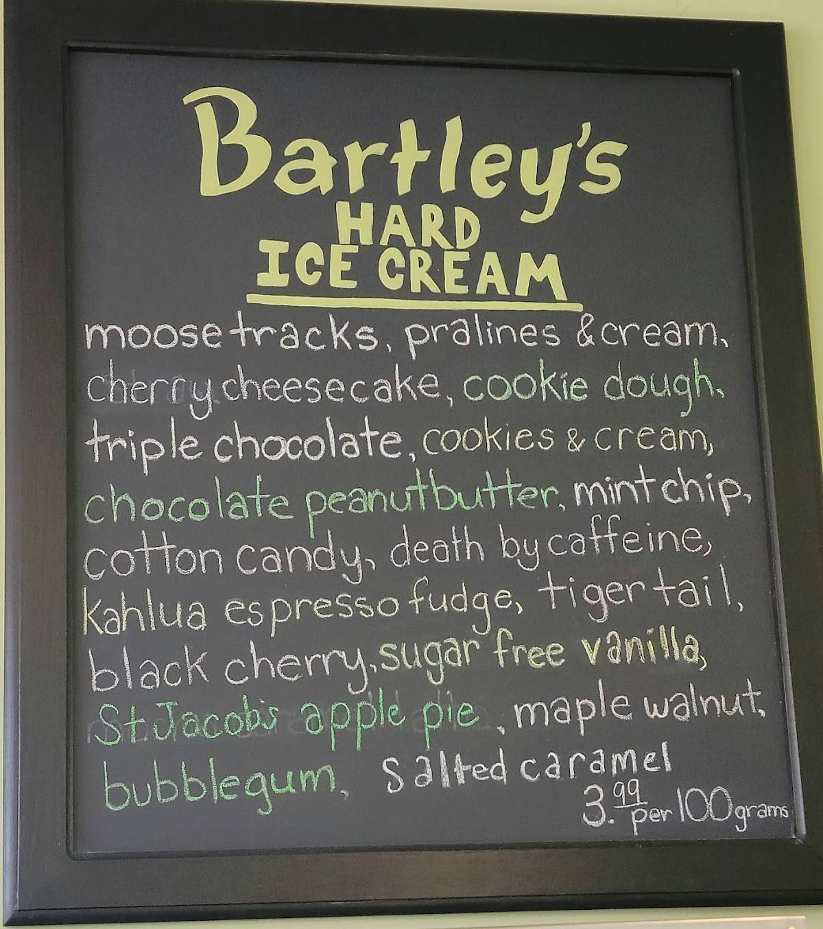 Menu at Bartley's Dairy Bar, Woodstock