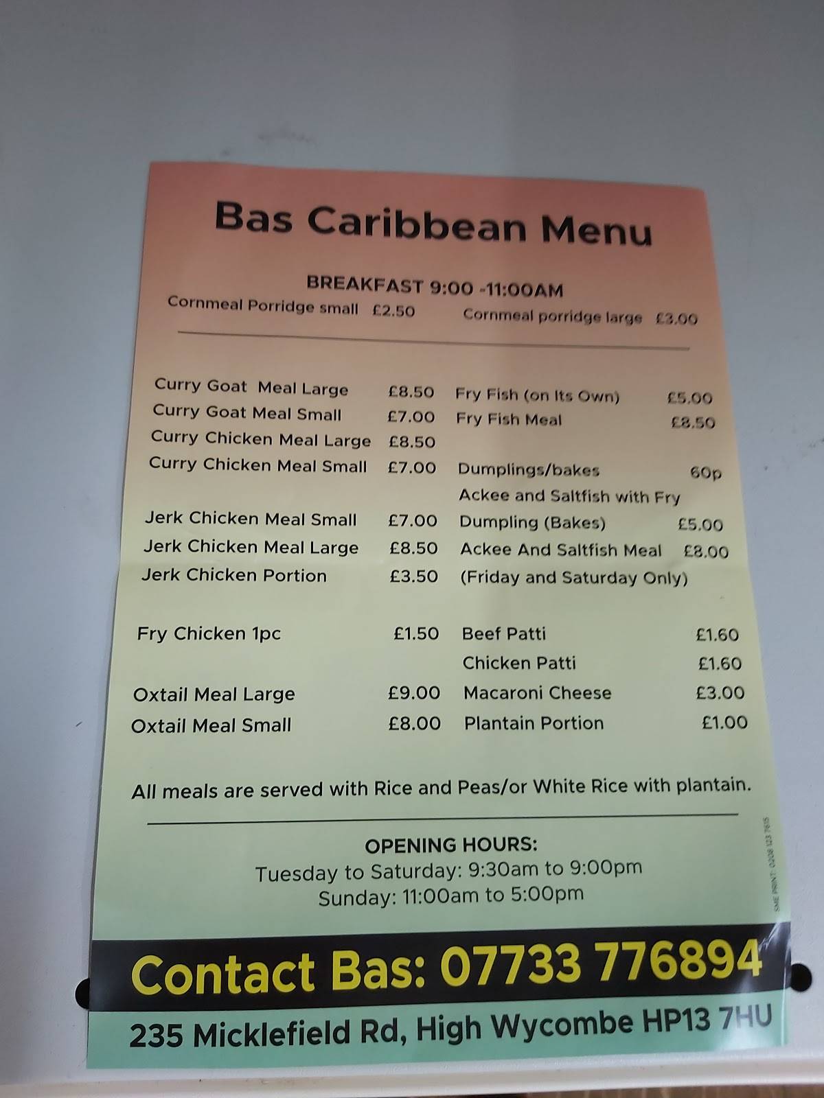 Menu at Bas Caribbean Food Grocery Store and Takeaway restaurant, High ...