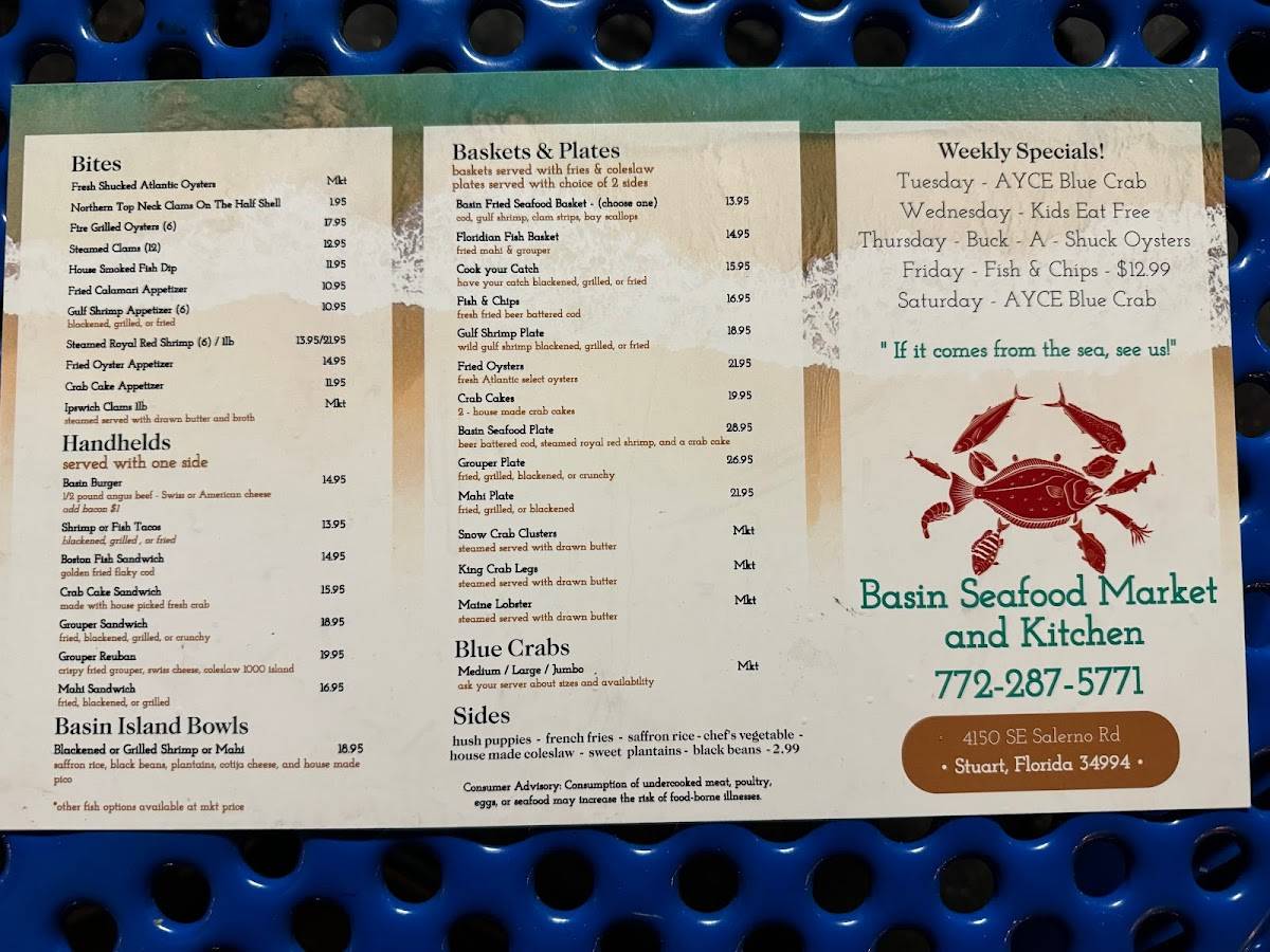 Menu at Basin Seafood Market & Kitchen restaurant, Stuart