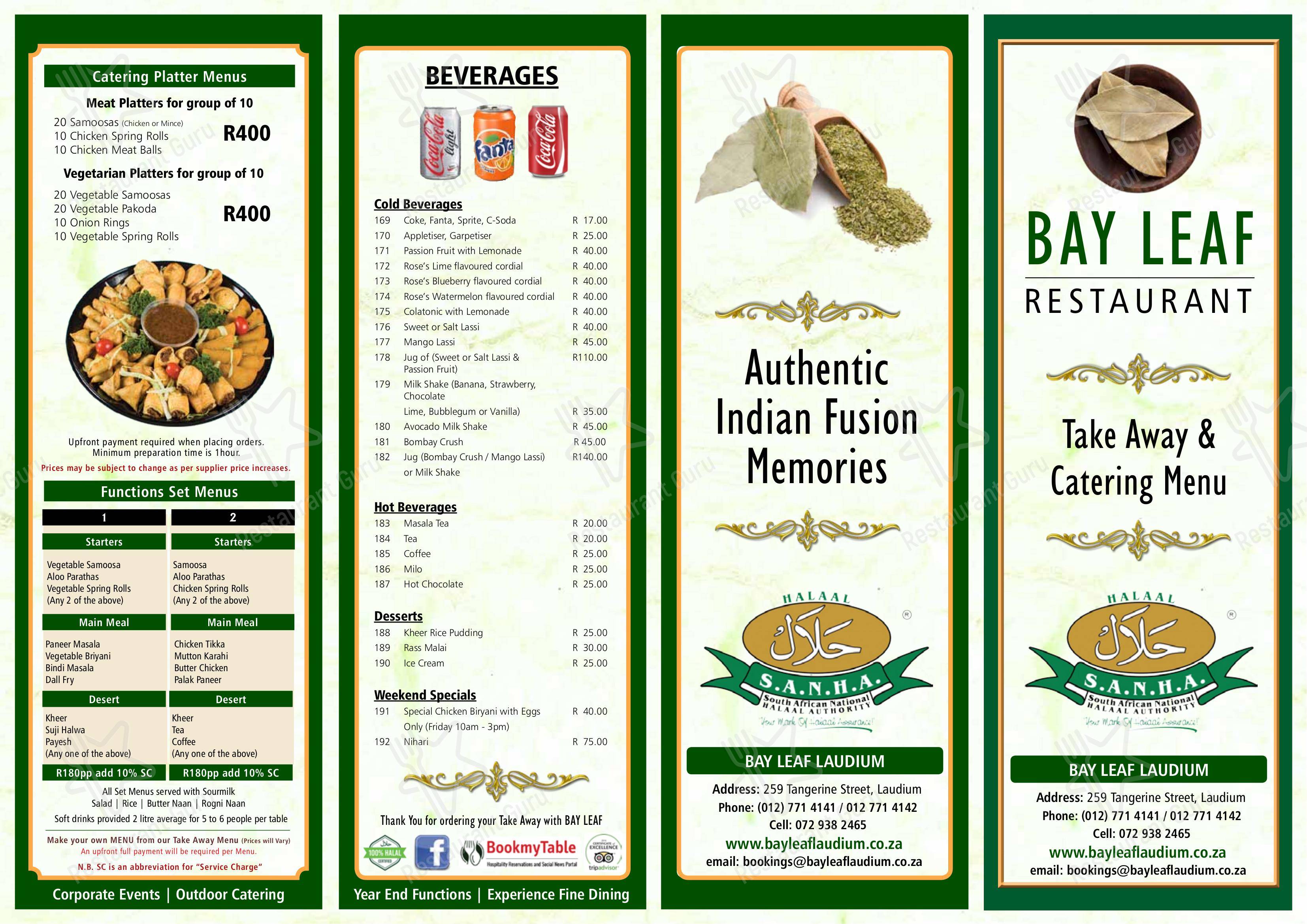 Menu at Bay Leaf Laudium restaurant, Centurion