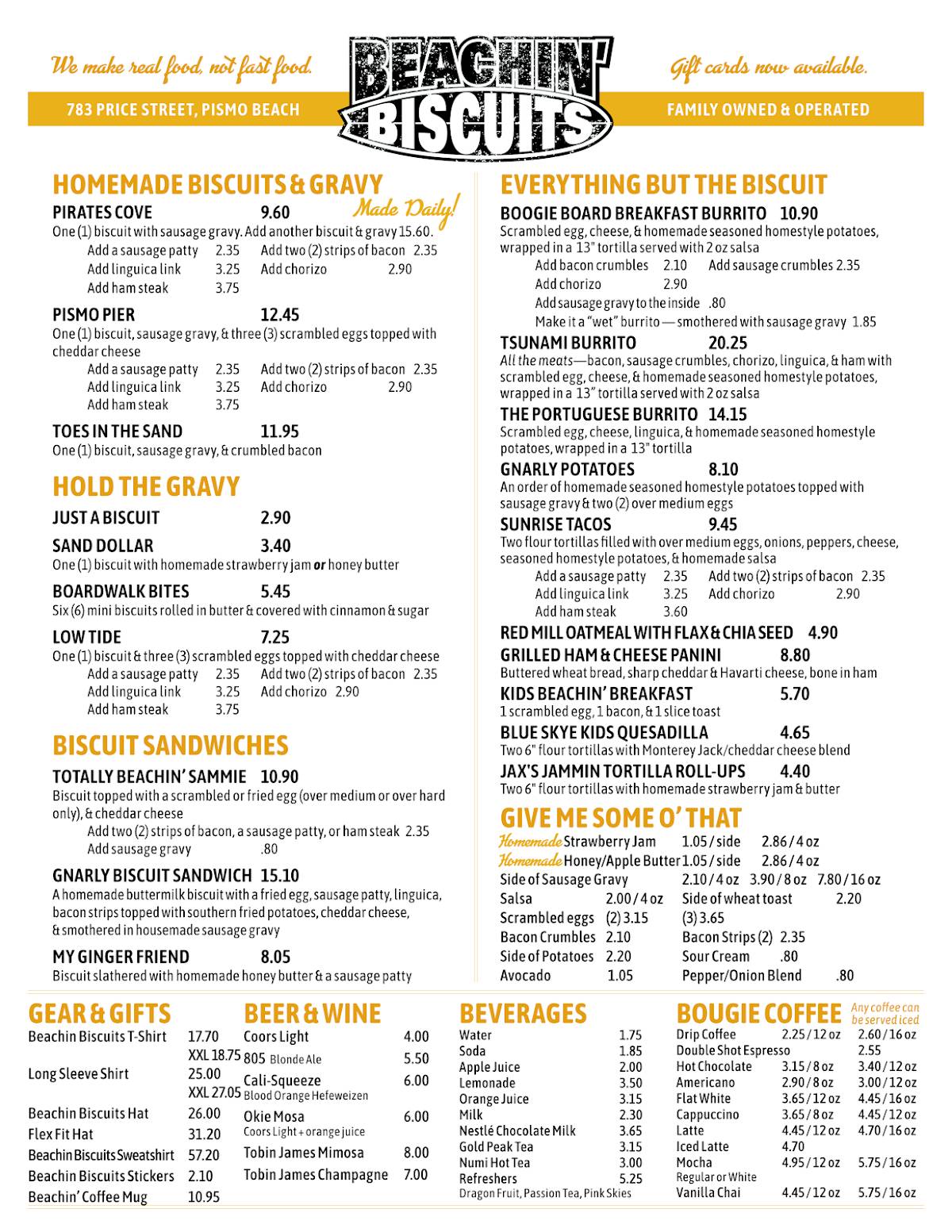 Carta del restaurante Beachin’ Biscuits, Pismo Beach