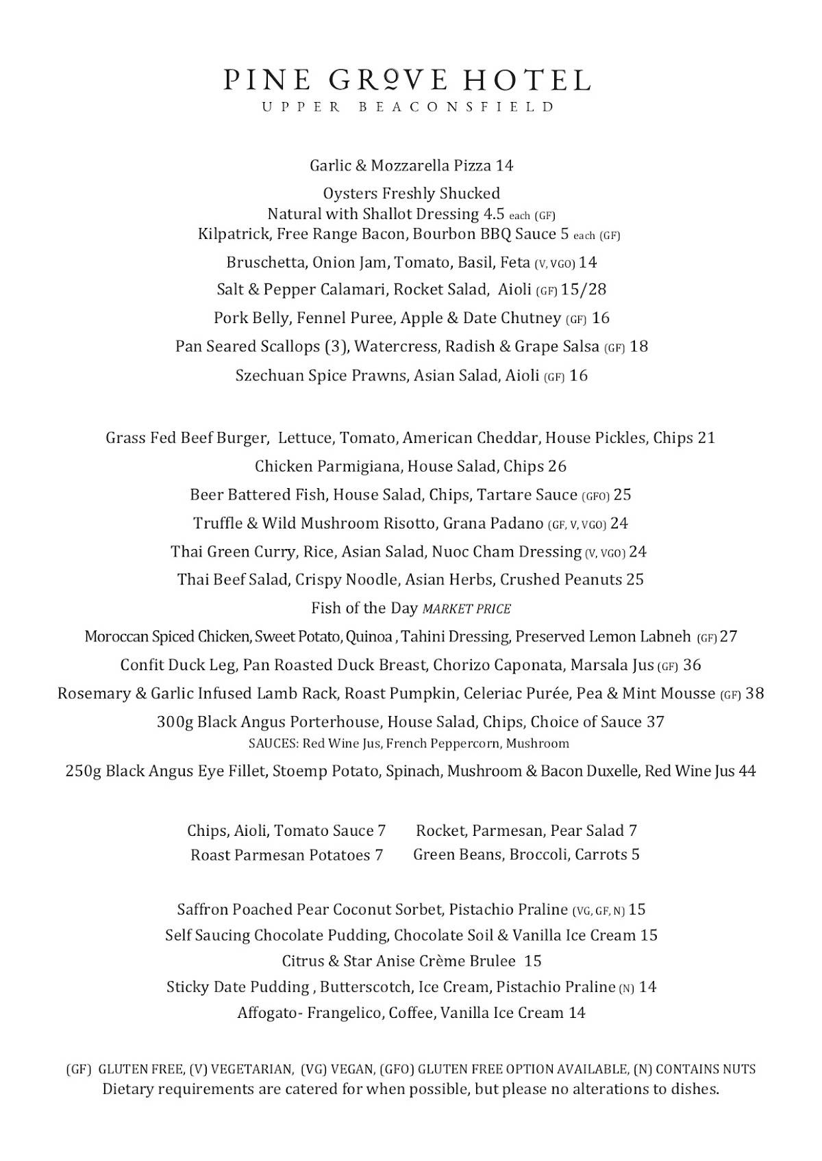 Menu at Pine Grove Hotel restaurant, Beaconsfield Upper